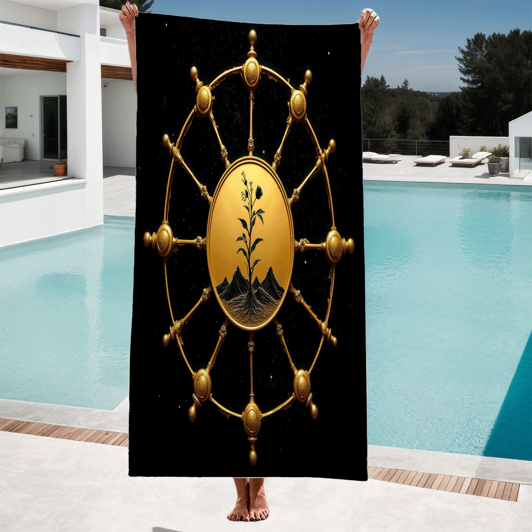 Cosmic Compass Design Beach Towel - Celestial Map Pattern with Golden ...