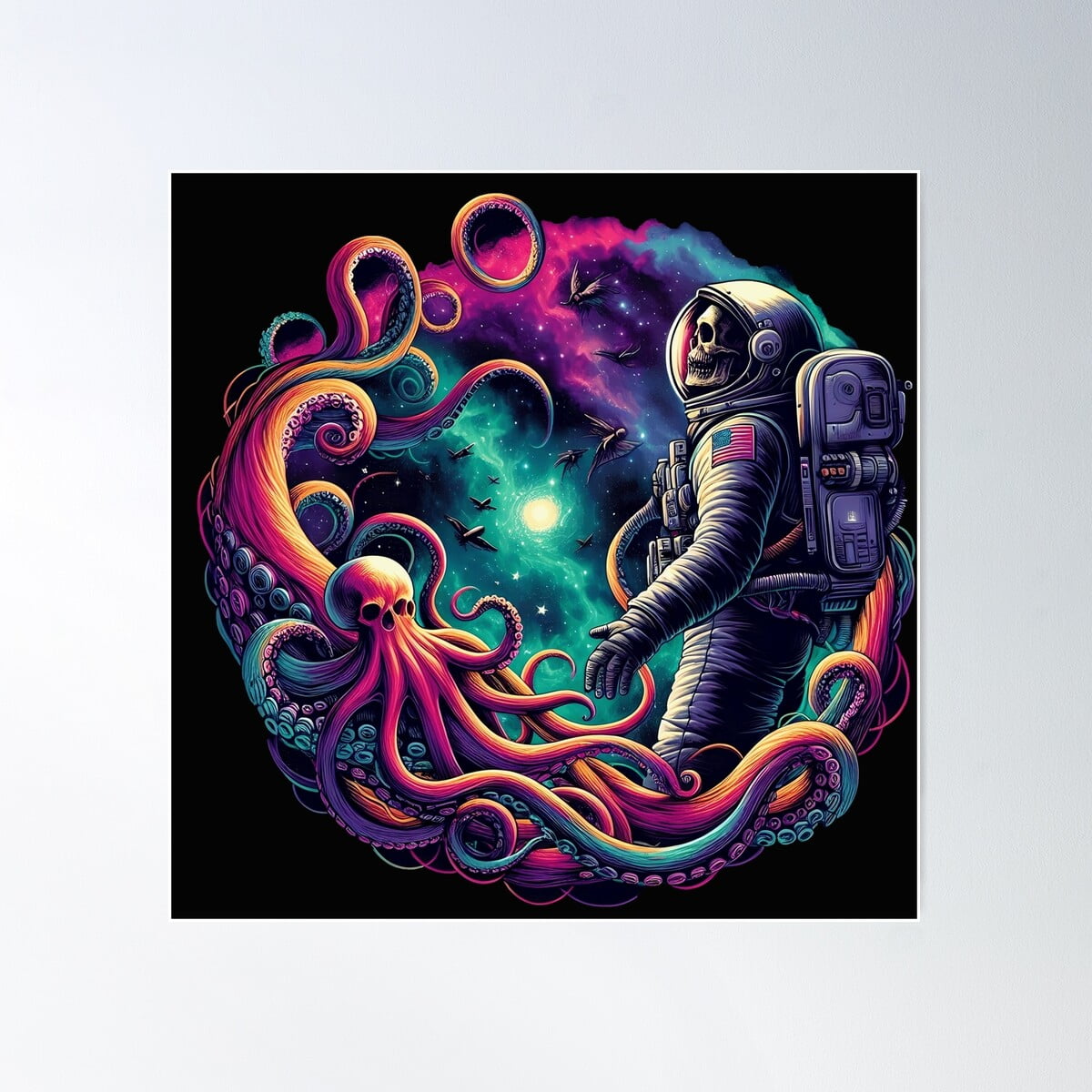 Cosmic Encounter: Astronaut & Octopus Amidst Starry Nebula Poster Wall ...
