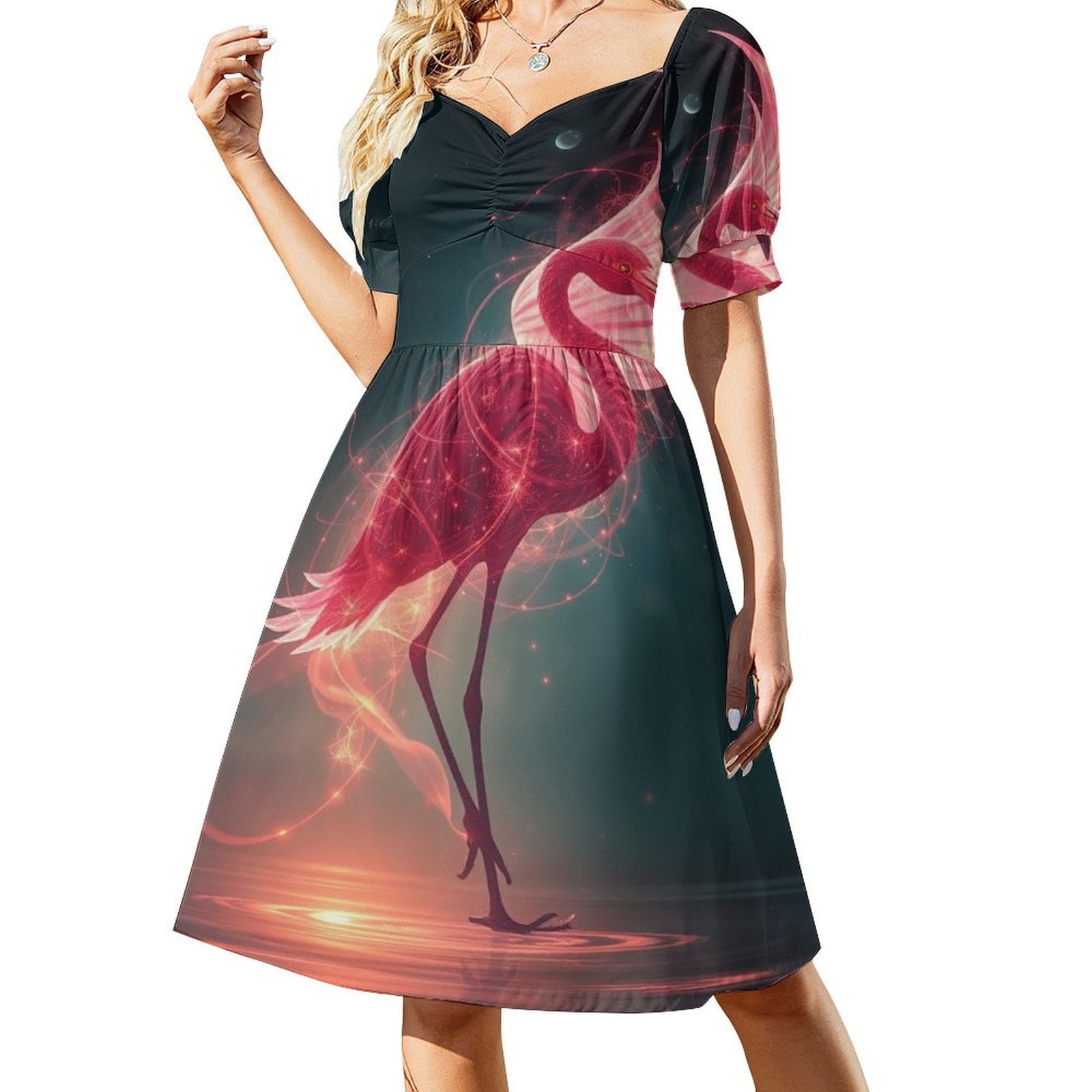 Cosmic Flamingo Art Short Sleeved Dress Womans Clothing Beach Dresses ...