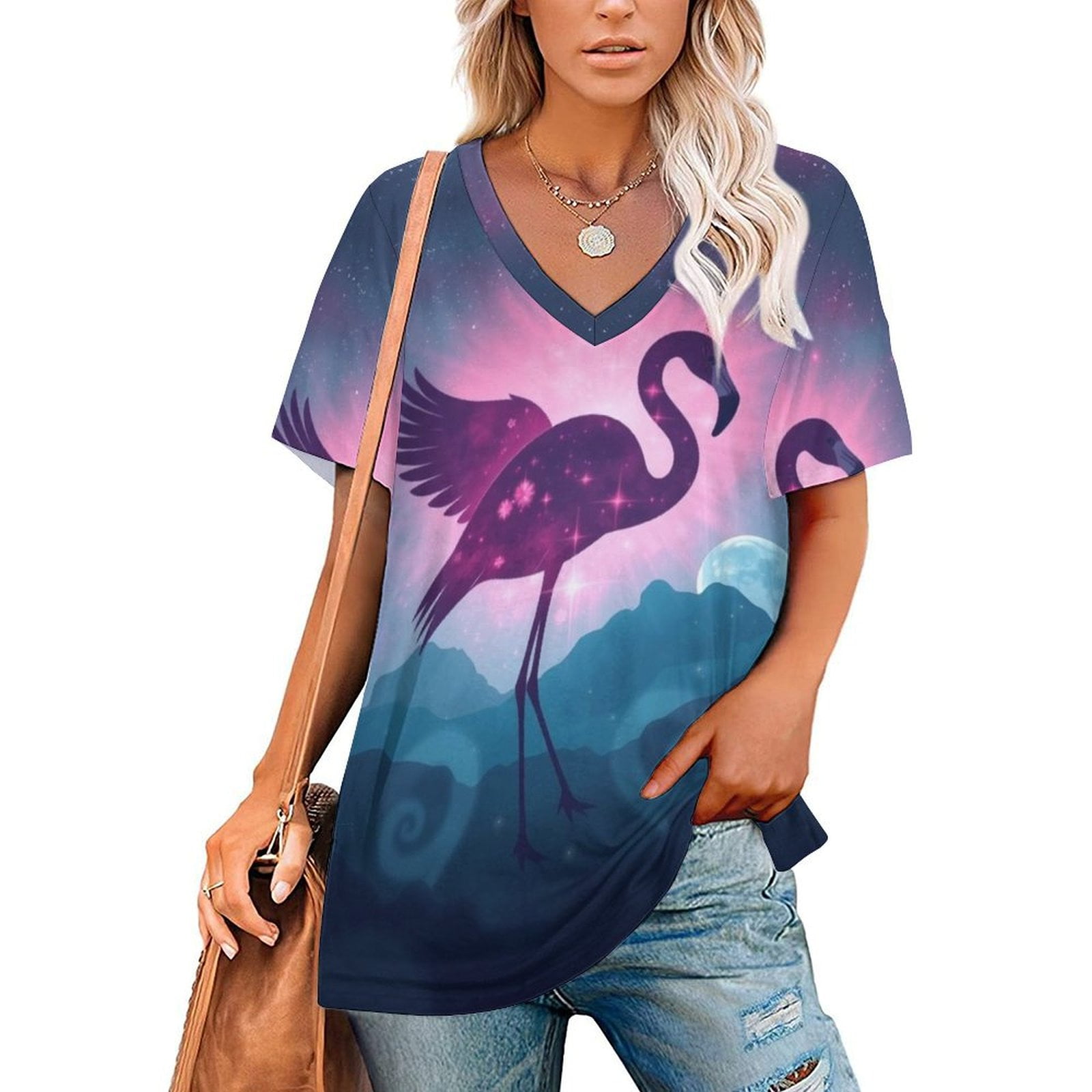 Cosmic Flamingo Landscape Art T Shirts V Neck Short Sleeve Print Top ...