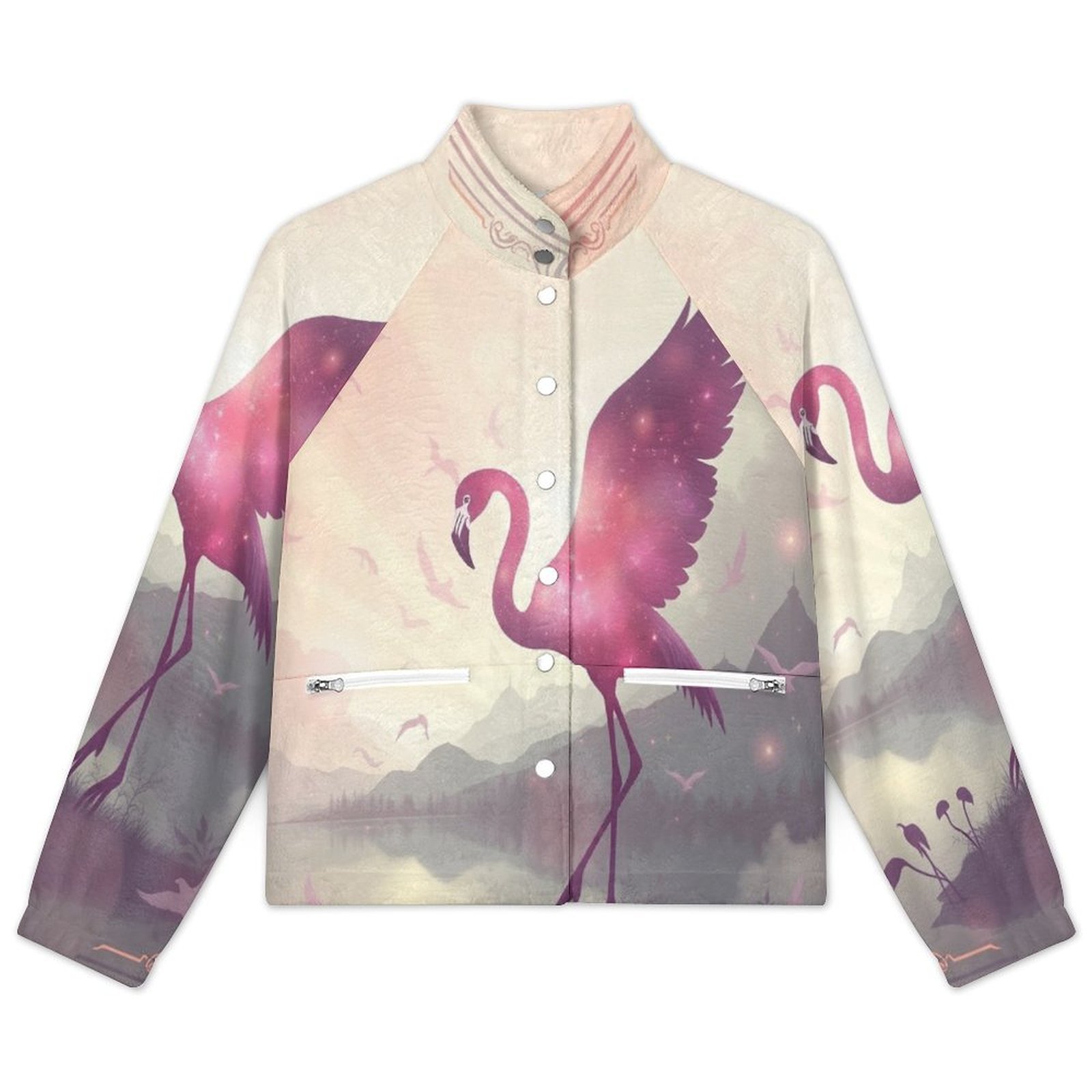Cosmic Flamingo Landscape Jacket Women's Stand Collar Warm Outwear ...