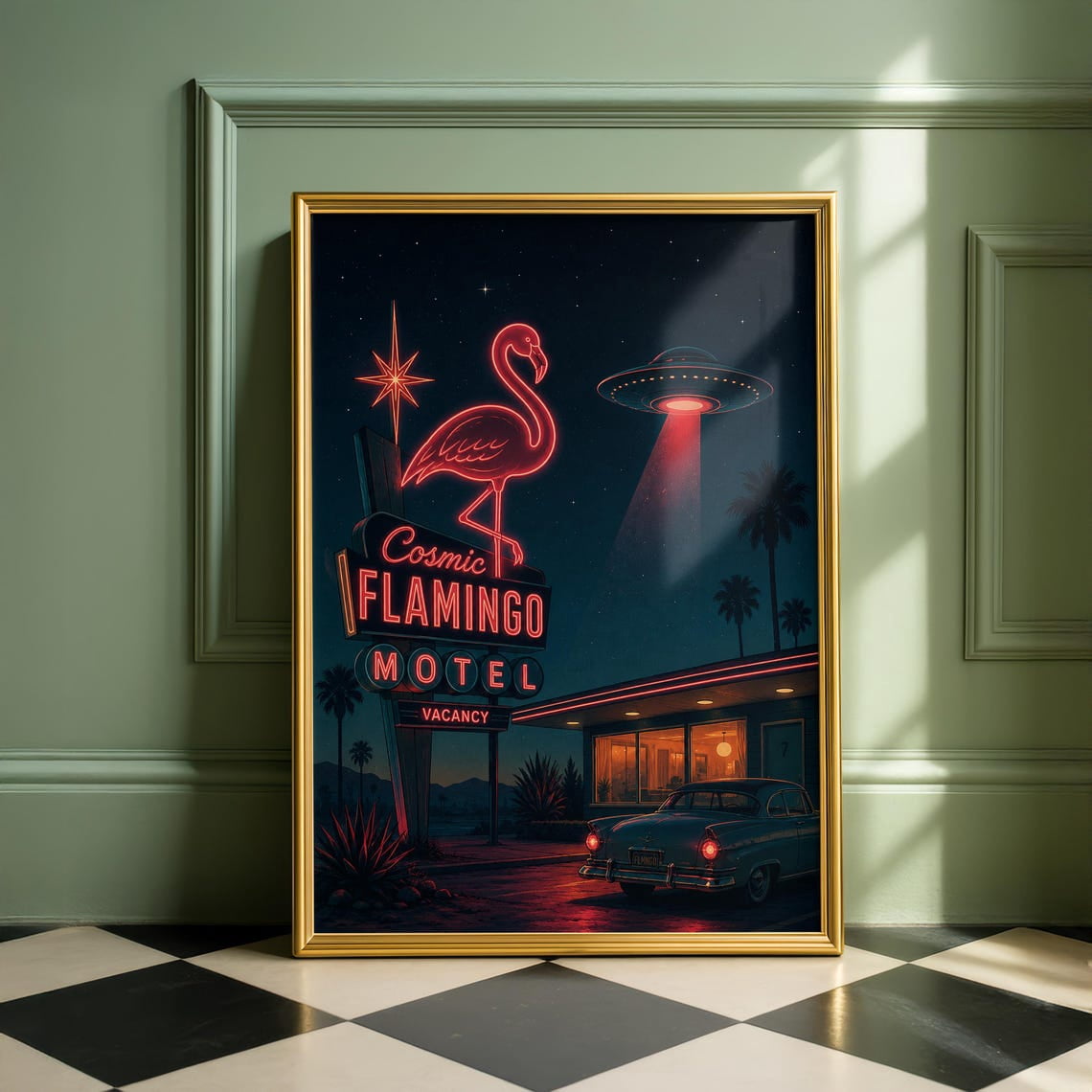 Cosmic Flamingo Motel Retro SCI FI Neon Art Space Age Poster Unframed ...