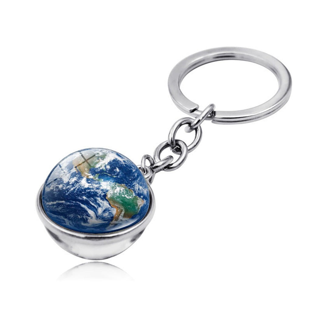 Cosmic Galaxy Planet Time Gemstone Double-Sided Glass Ball Keychain Key ...