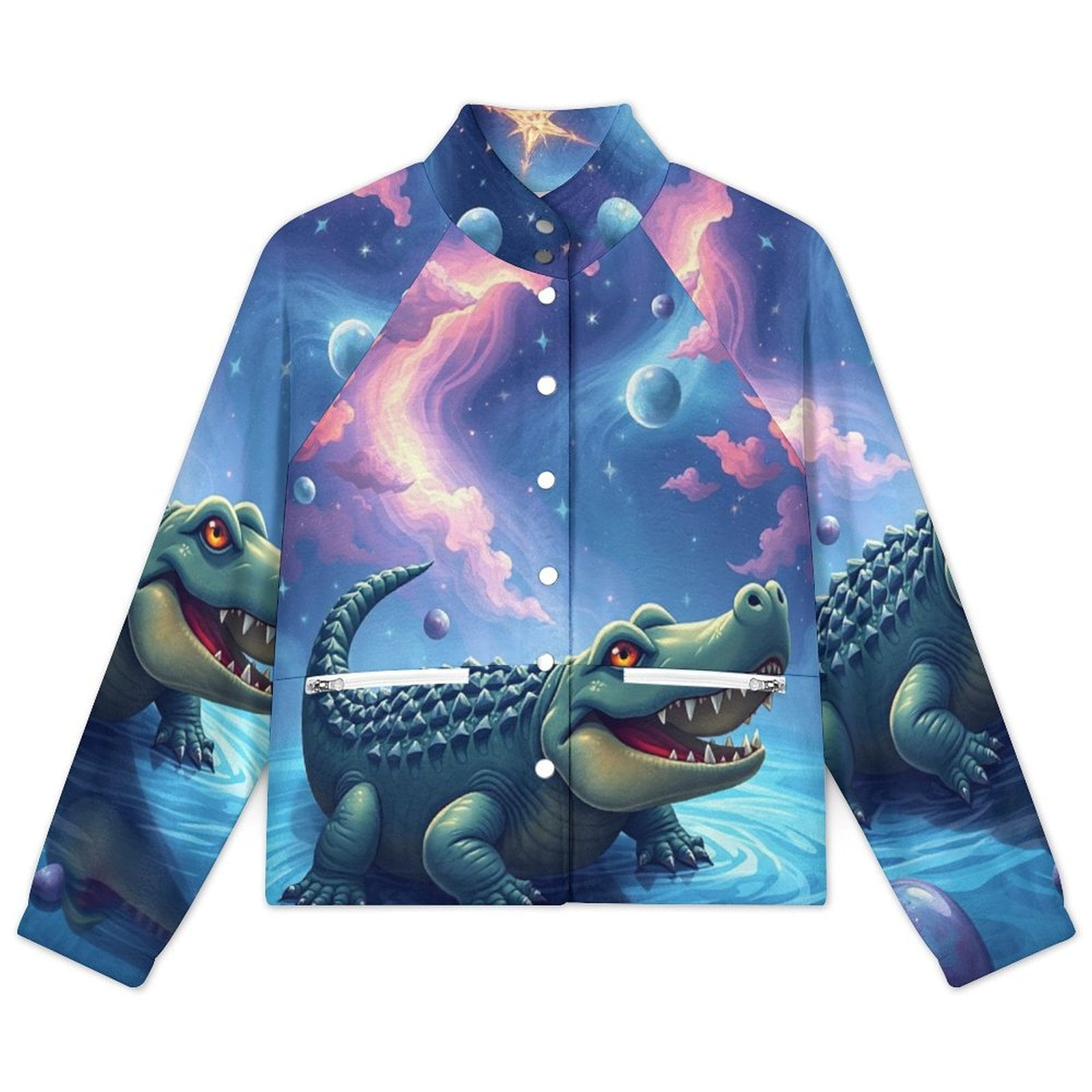 Cosmic Gator Smiles Warm Women's Plush Jacket Stand Collar Full Sleeve ...