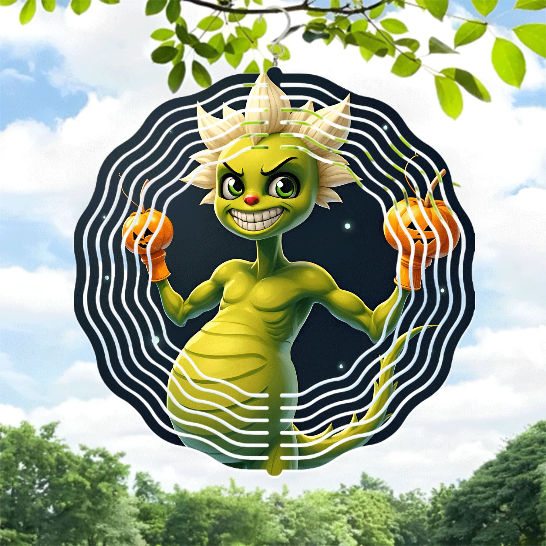 Cosmic Green Creature Metal Wind Spinner - Spiky Hair Boxing Gloves ...