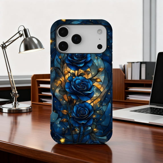 Midnight Blue Rose Phone Case Stained Glass Moon Floral Art 17 to 11 ...