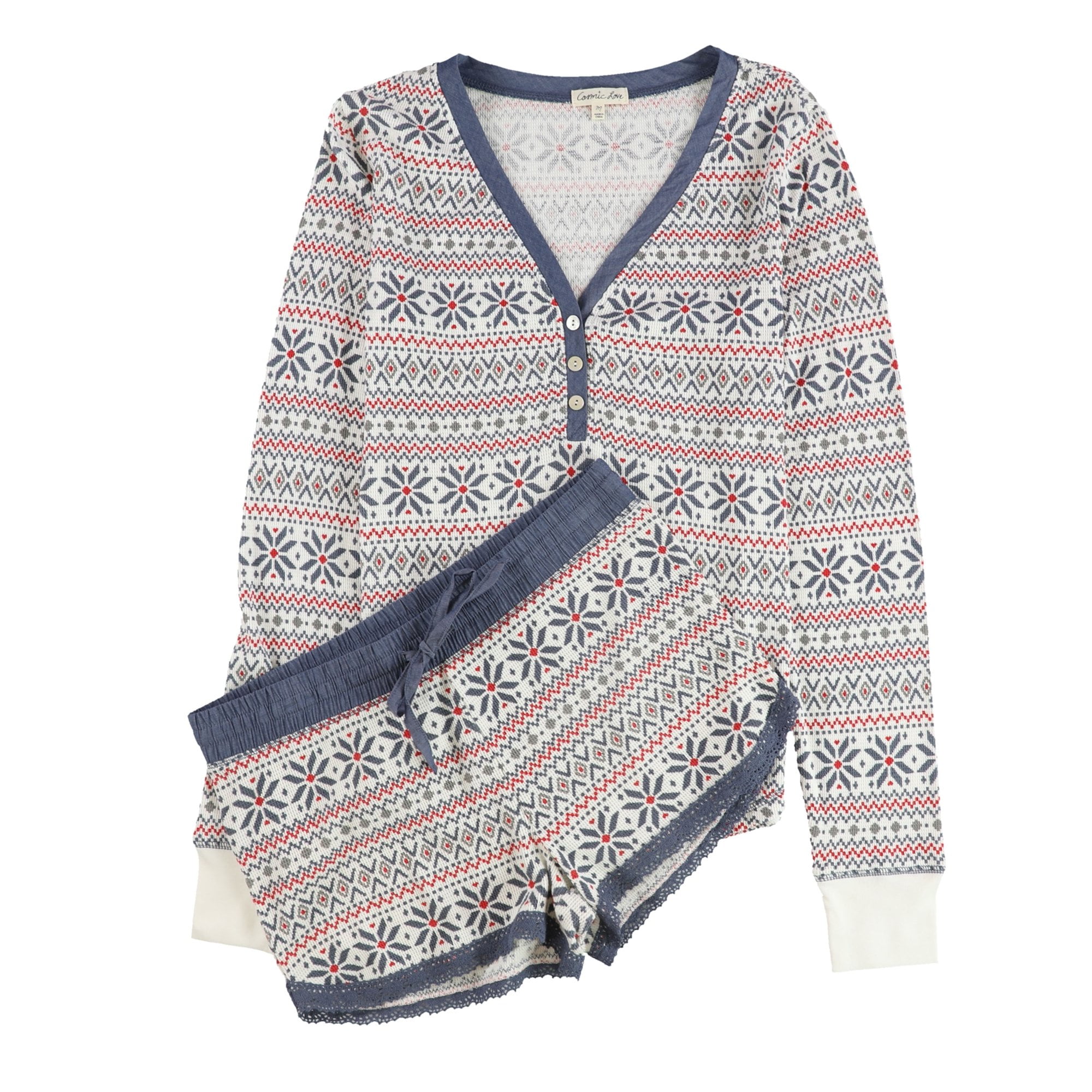 Cosmic Love Womens Fair Isle Button Thermal Pajama Shirt, White, Medium ...