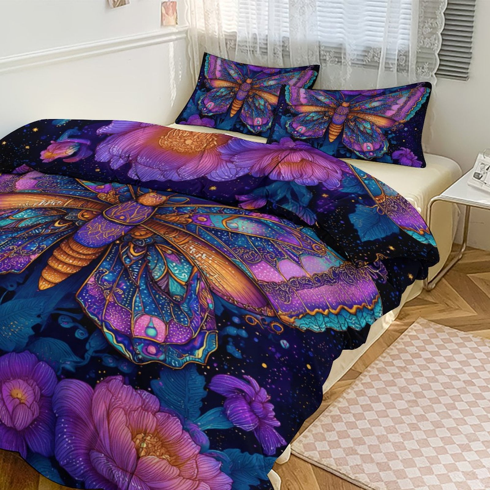 Cosmic Moth Amongst Vibrant Flowers Bedding Sets Twin Duvet Cover 3 ...
