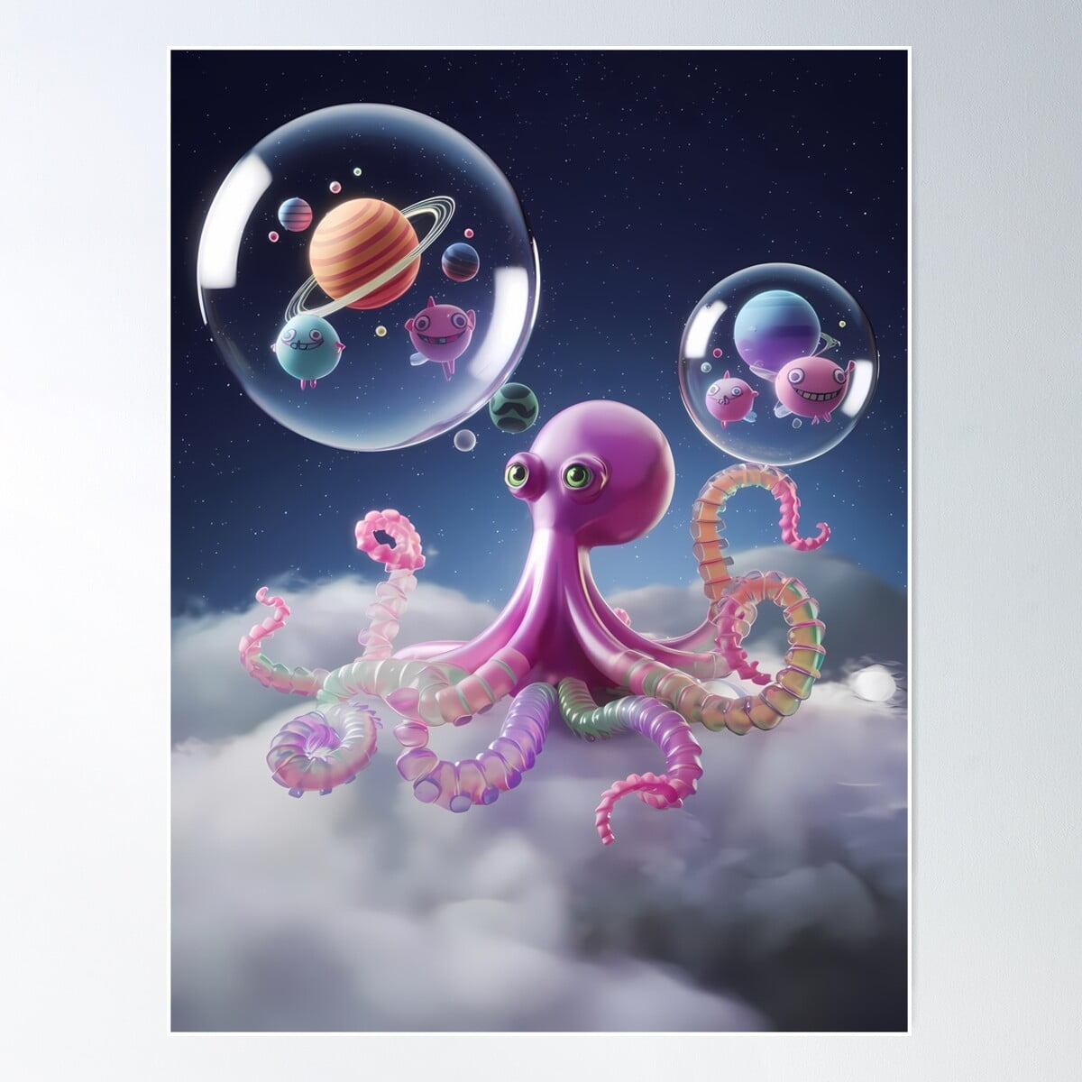 Cosmic Octopus Floating Amongst Planets Surreal Art Design Poster Wall ...