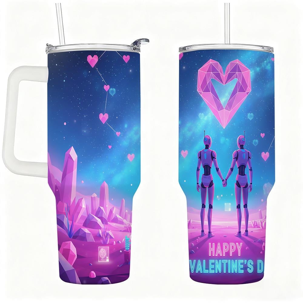 Cosmic Pink Crystal Landscape & Love Bots Design, Double-Wall Hot Cold ...
