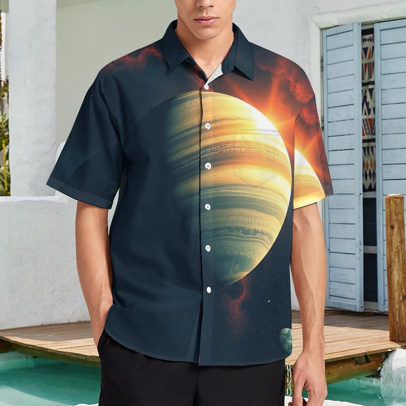 Cosmic Planet Male Retro Print Casual Shirts Hawaiian Short-Sleeve ...