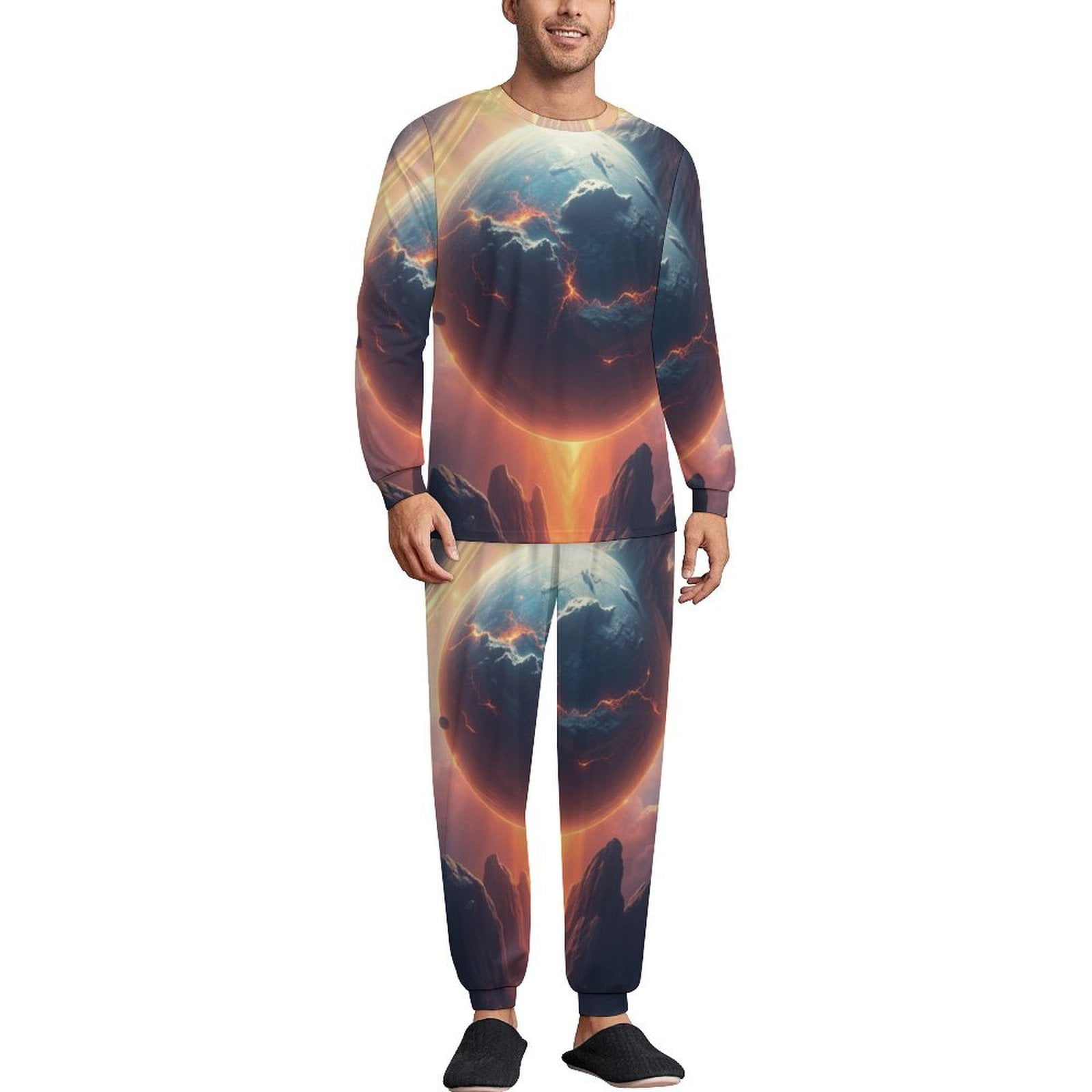 Cosmic Planet Pajamas Men Home Suit Winter Long Sleeve 2 Piece Sleep ...