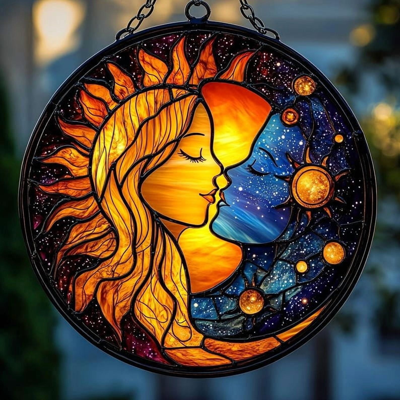 Cosmic Sun And Moon Acrylic Suncatcher, Celestial Faux Stained Glass ...