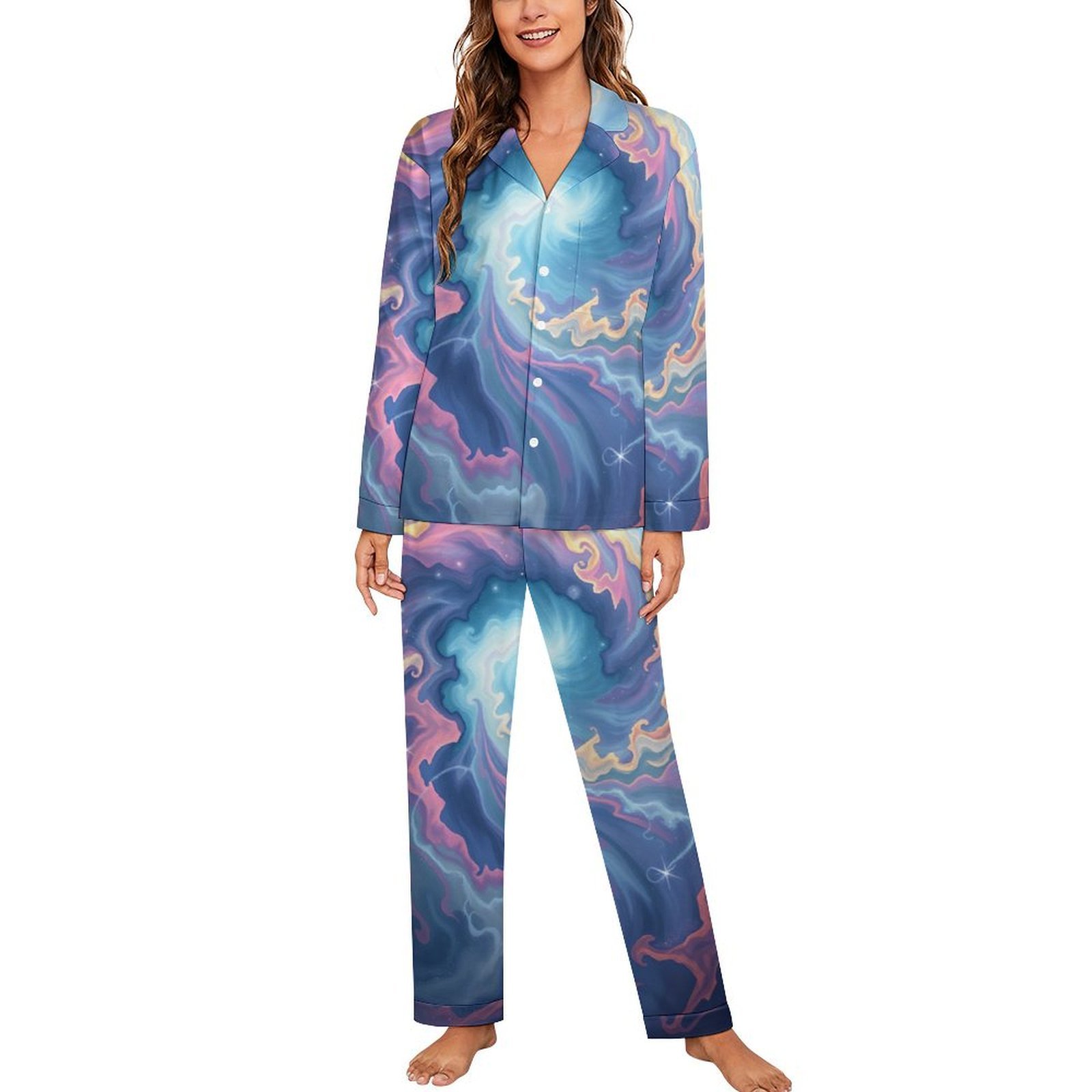 Cosmic Swirl Nebula Pajamas Night V Neck Nightwear Lady Two Piece Long ...