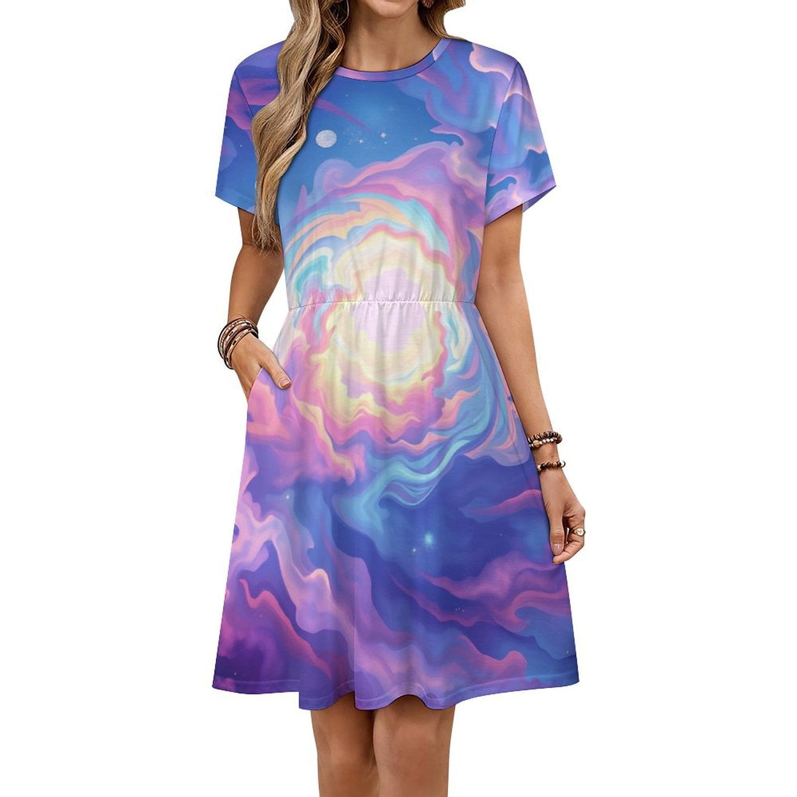 Cosmic Swirling Nebula Dress Fashion Beach Short Sleeve Dresses Female ...