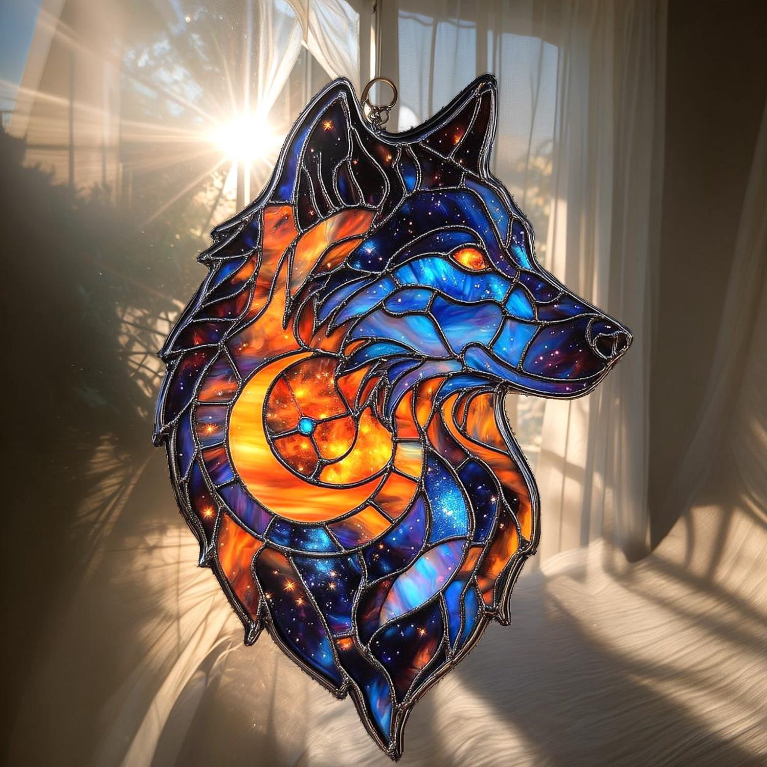 Cosmic Wolf Faux Stained Glass Suncatcher – Galaxy Acrylic Window ...