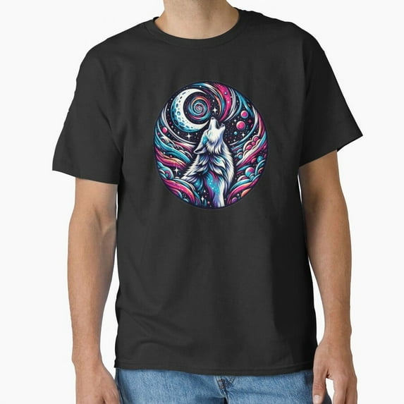 Cosmic Wolf Howling At Crescent Moon Celestial Fantasy Scene Unisex T ...