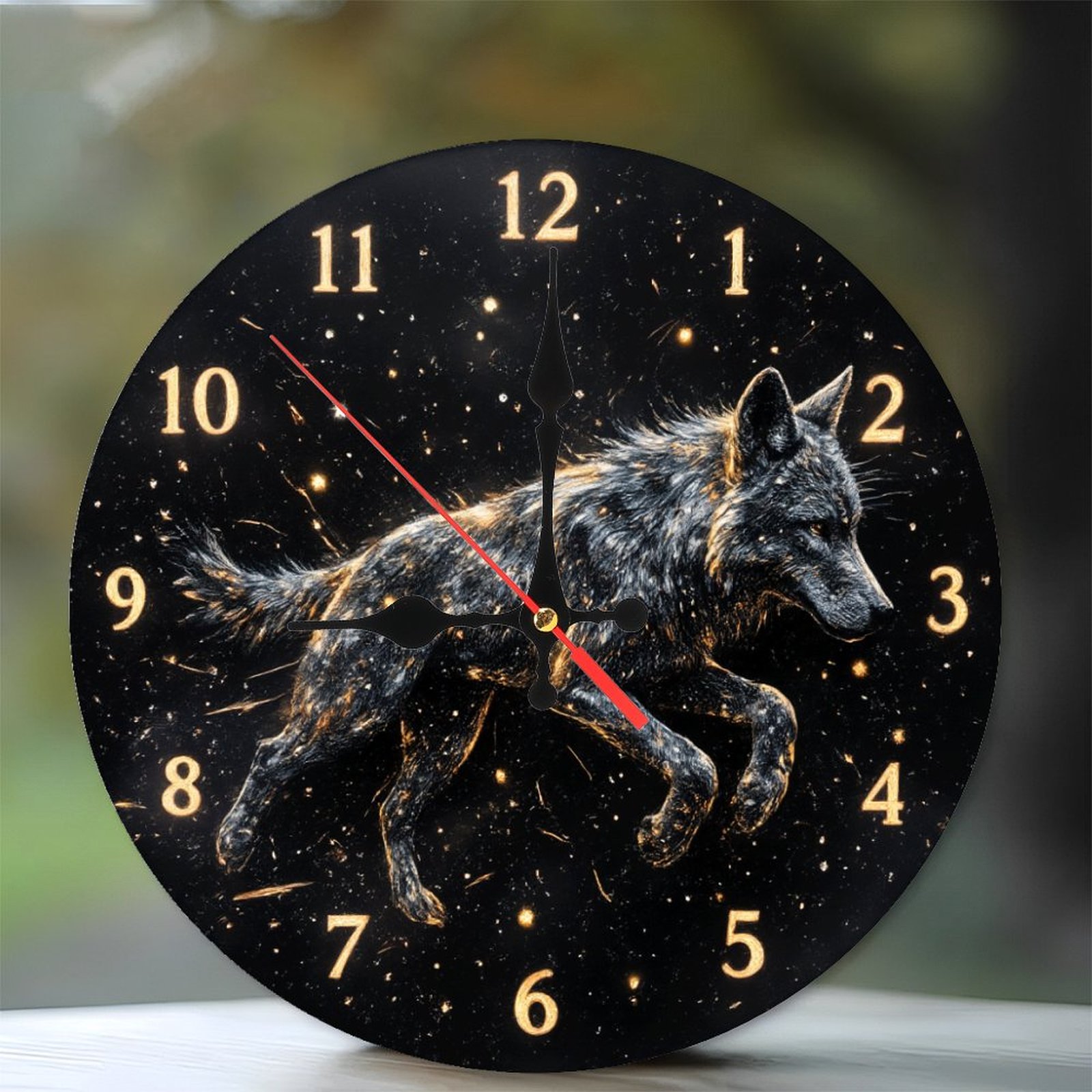 Cosmic Wolf Wall Clock Gold Glitter Art Decor 10-Inch Silent Wooden ...
