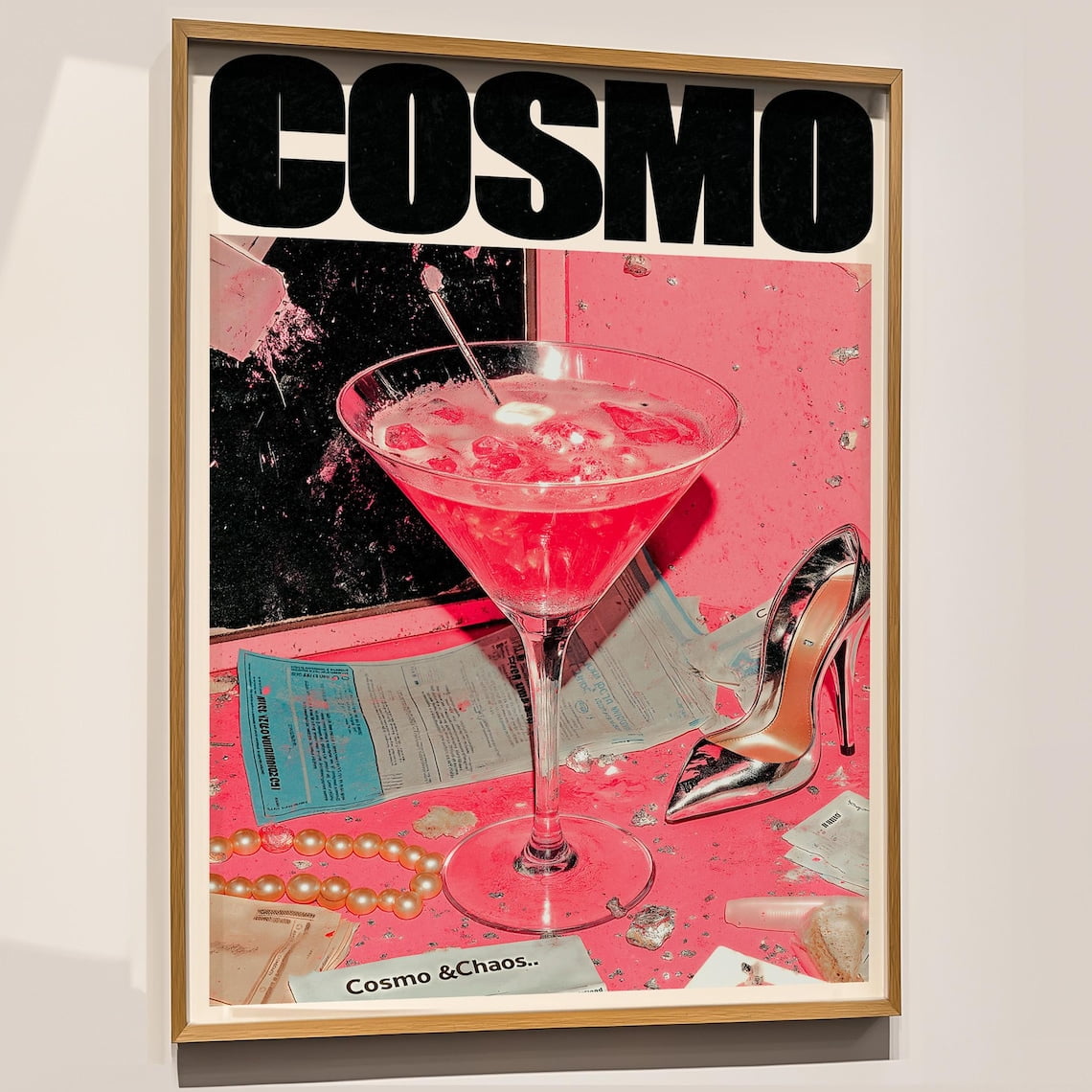 Cosmo Cocktail Poster, Dopamine Decor, Bold Pink Drink Art, Maximalist Bar Wall Print, Glamorous ...