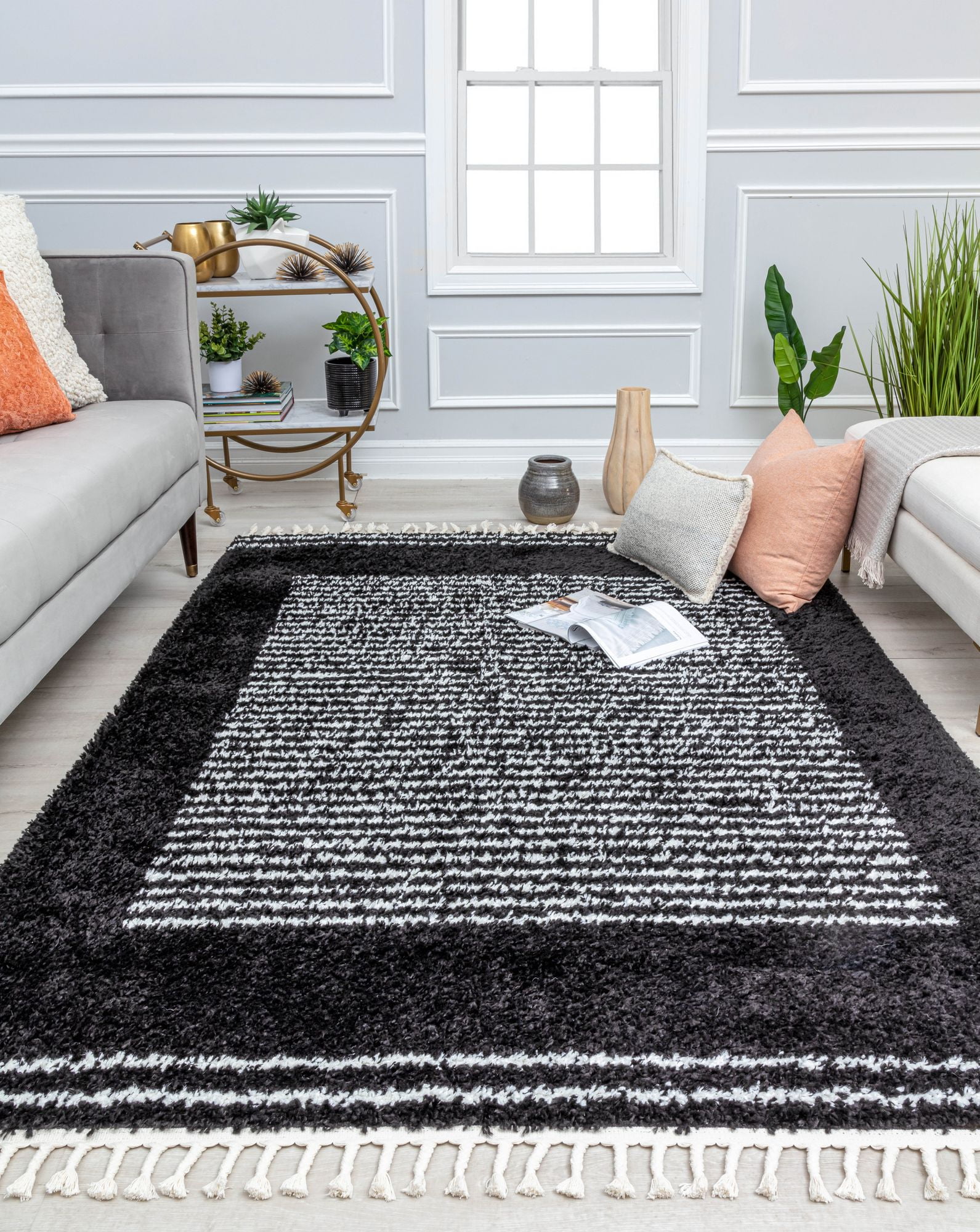 Rugs America BT35A Ebony Twilight Stripe Shag Black Area Rug, 5’0”x7’0 ...