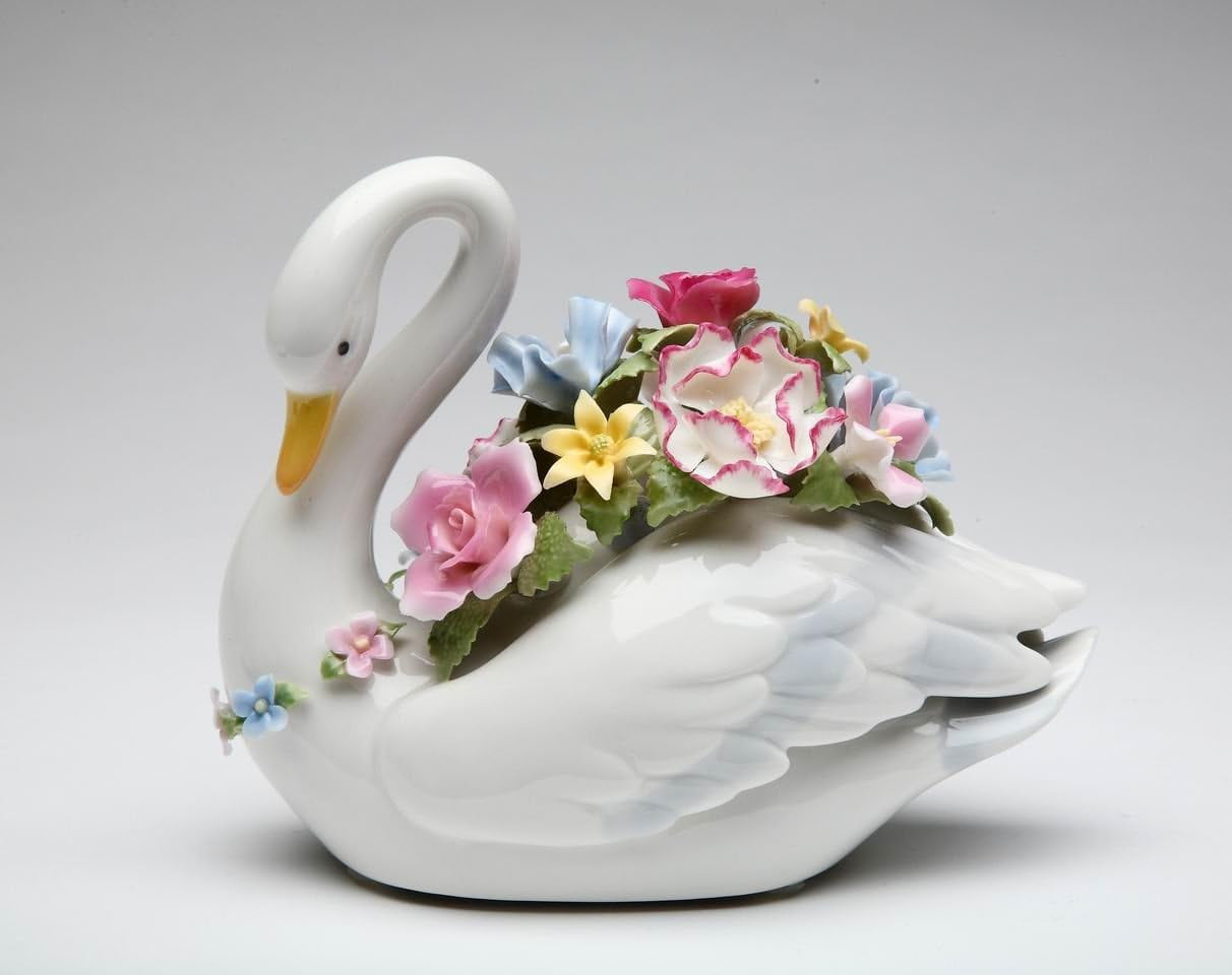 Cosmos Gifts Fine Porcelain Swan with Flowers Music Box Figurine Plays ...