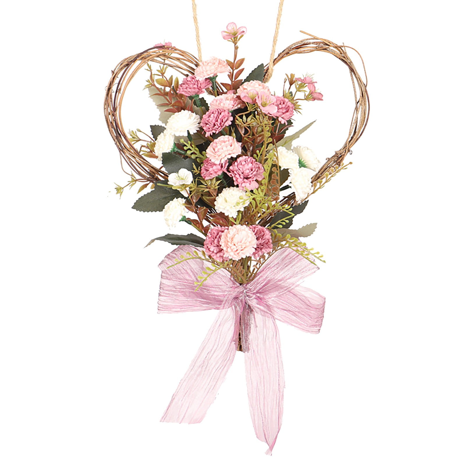 Cosmug Artificial Pink Carnation Heart Wall Hanging, Bow Garland Decor ...