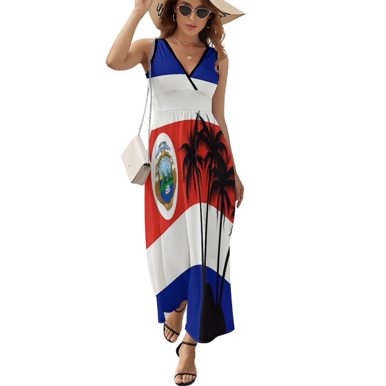 Costa Rica Flag Palm Trees Womens V-Neck Maxi Dresses Sleeveless Floral ...