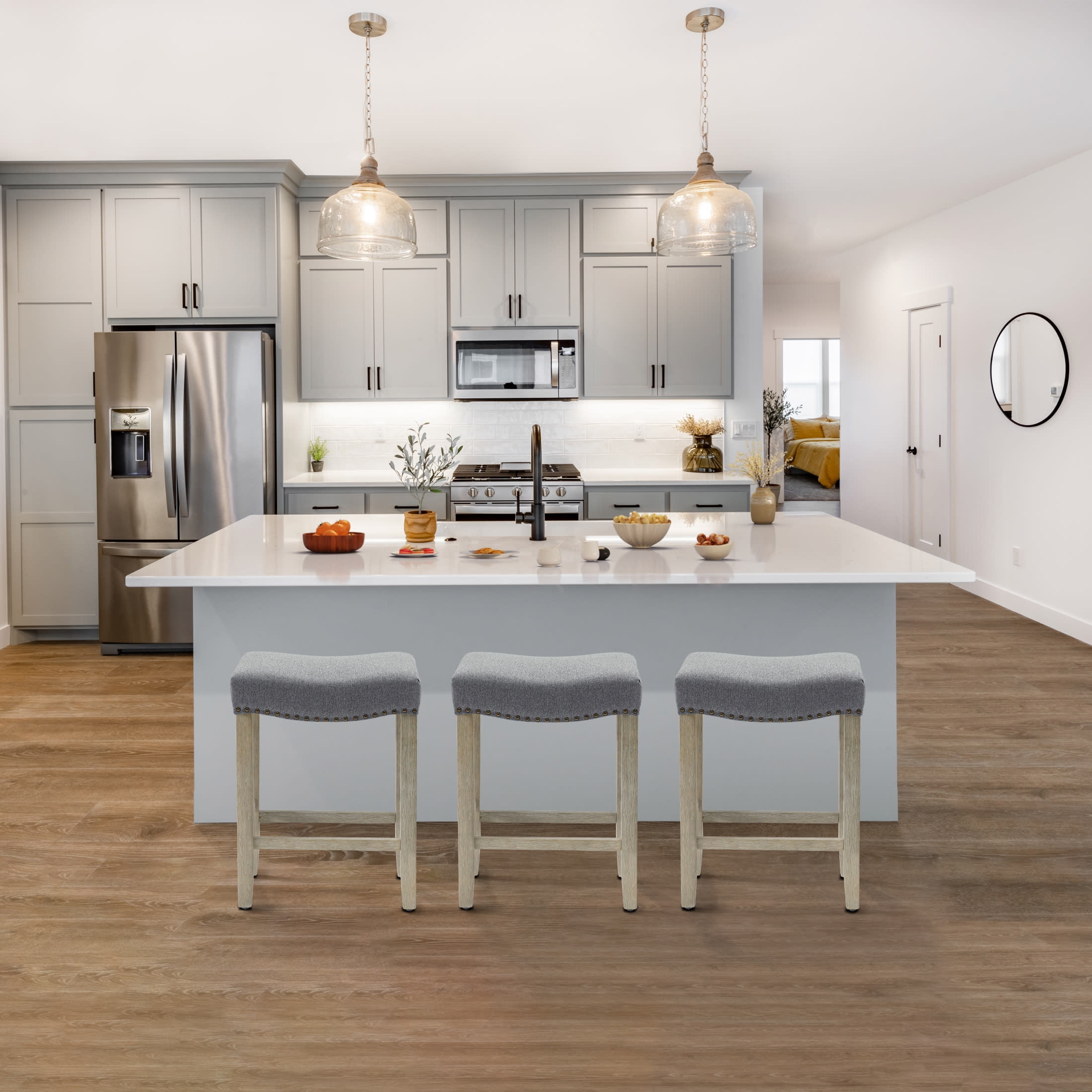 Costaelm Bulmon 24" Upholstered Antique Gray Counter Stools With Nail ...