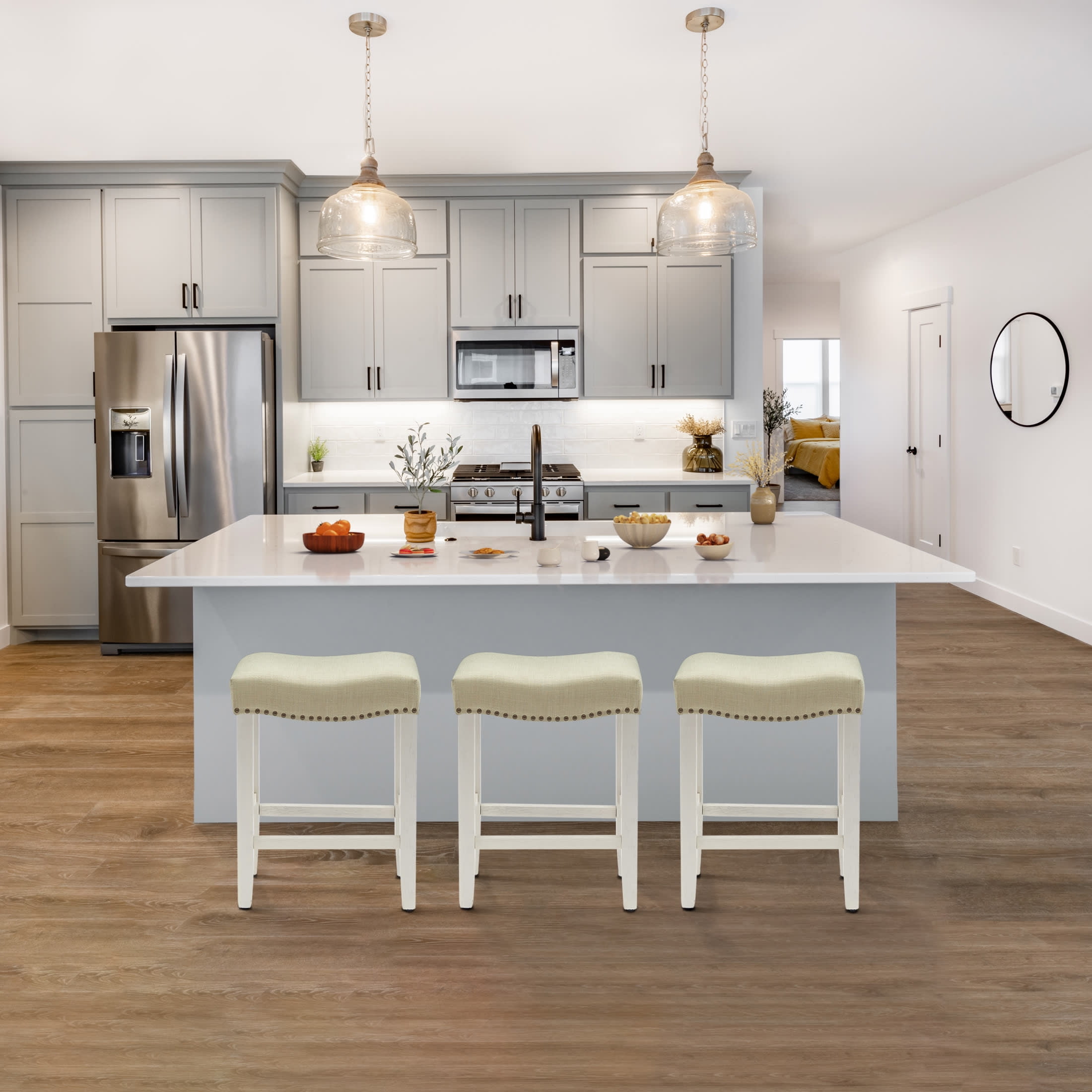 Costaelm Bulmon 24" Upholstered Antique White Counter Stools With Nail ...