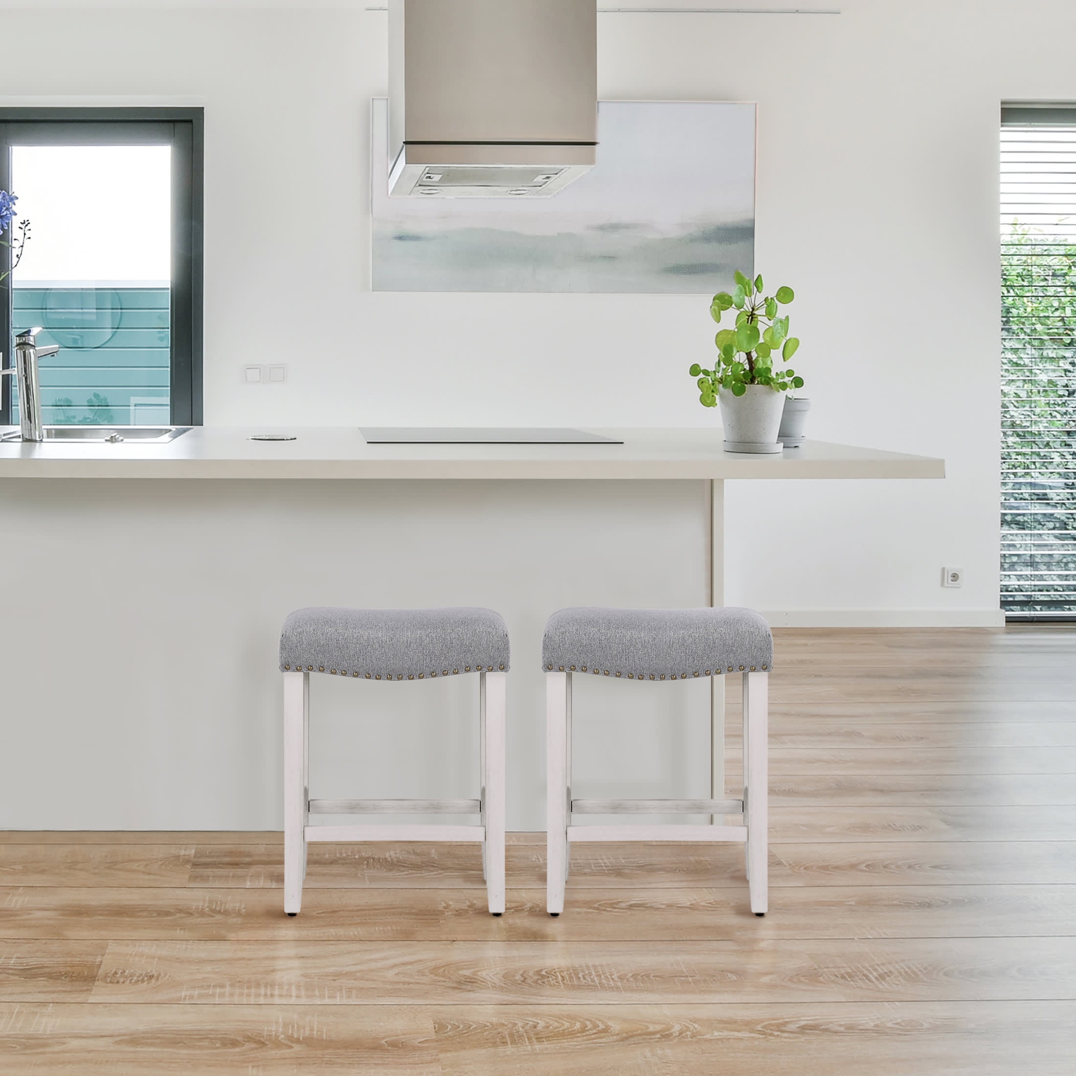 Costaelm Bulmon 24" Upholstered Counter Stools with Nail Head Trim (Set ...