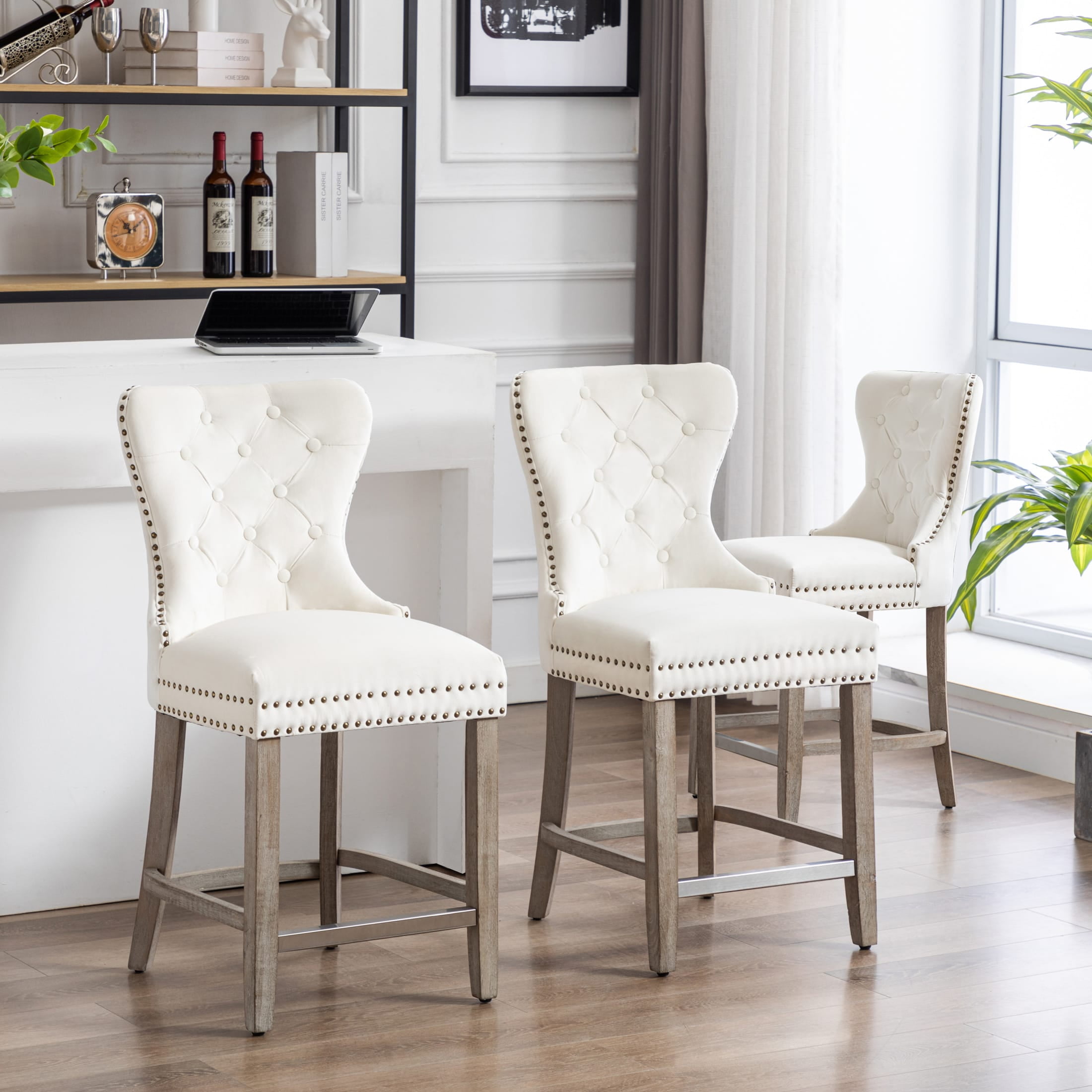 Costaelm Hank 24" Tufted Velvet Counter Stool Antique Gray (Set of 3 ...