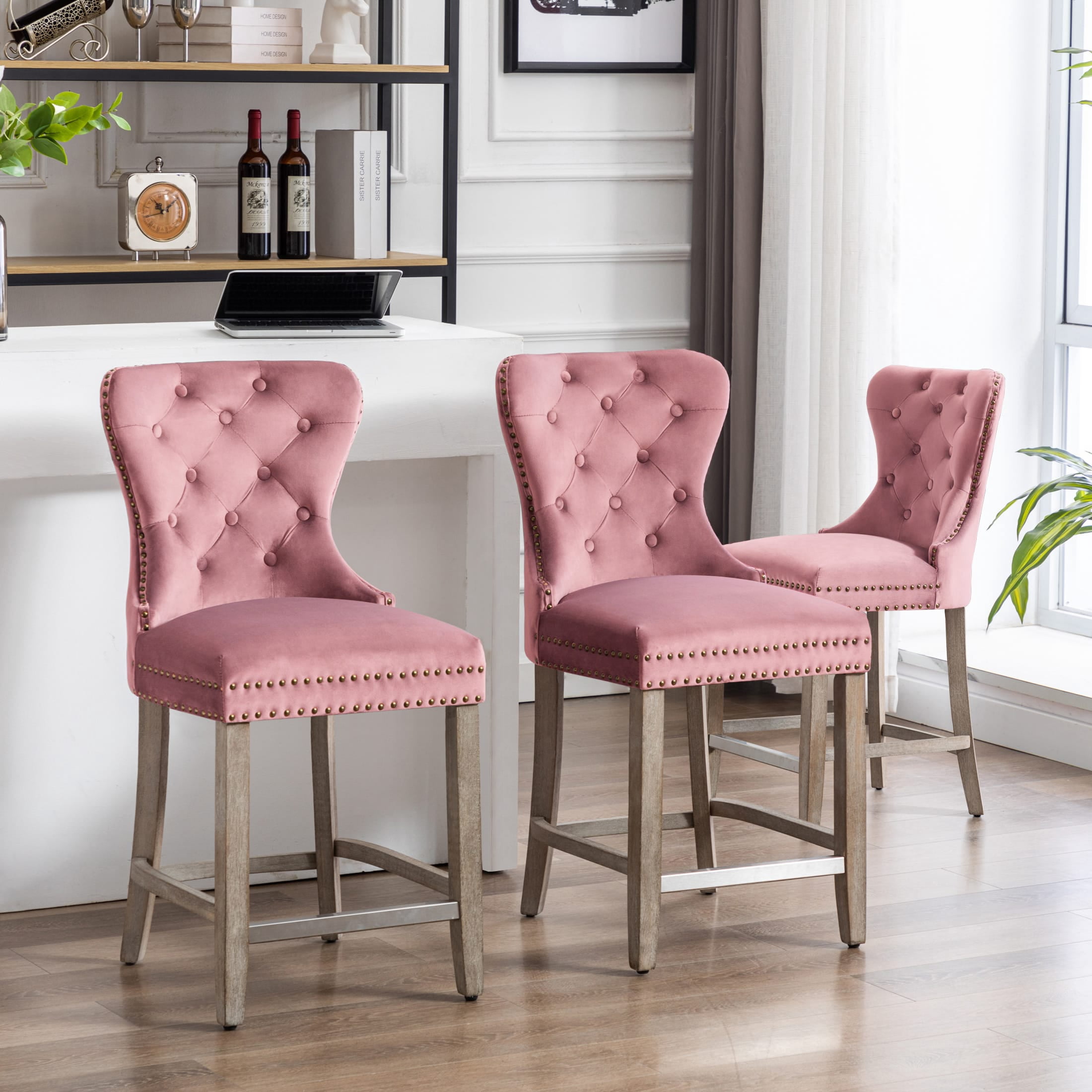 Costaelm Hank 24" Tufted Velvet Counter Stool Antique Gray (Set of 3 ...