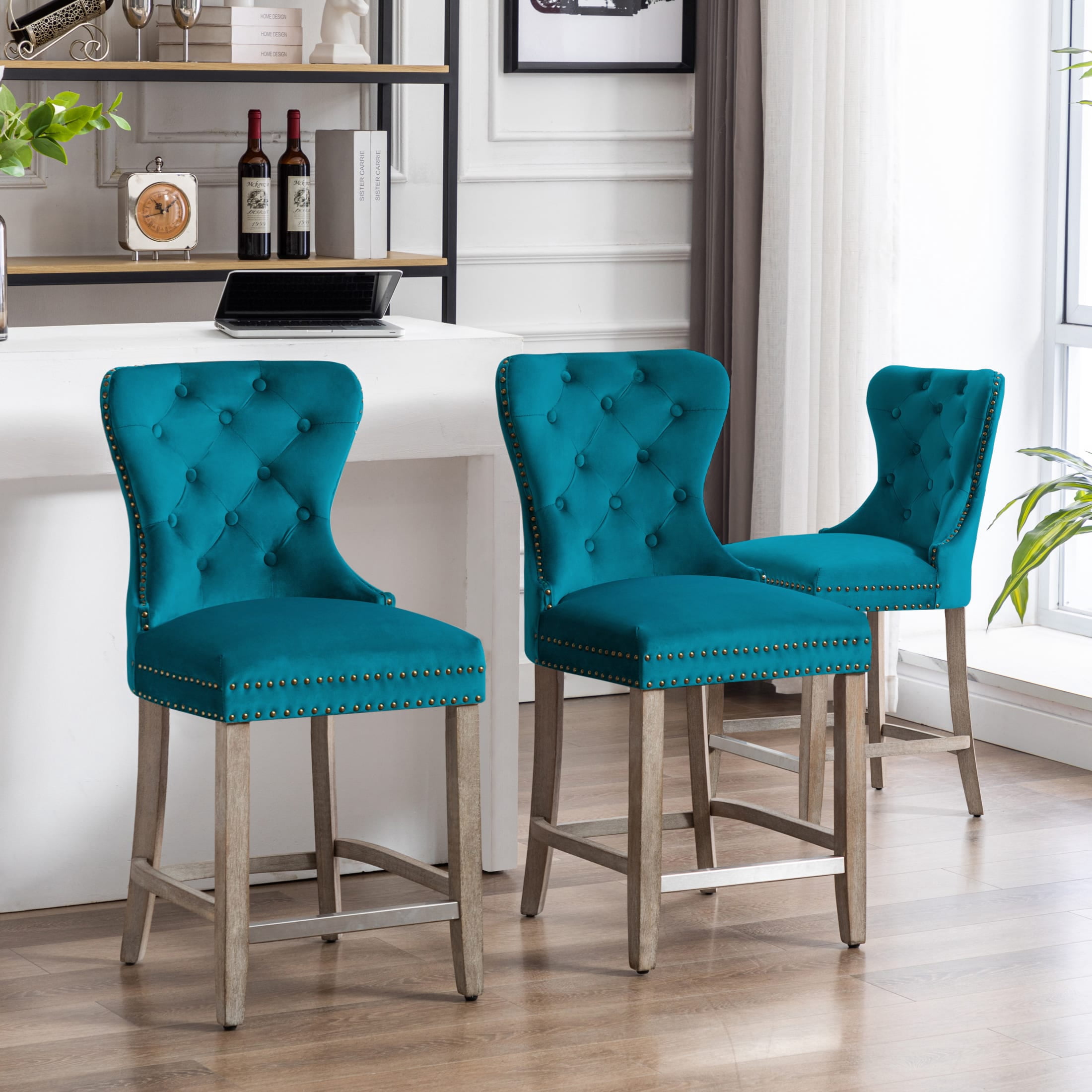 Costaelm Hank 24" Tufted Velvet Counter Stool Antique Gray (Set of 3 ...