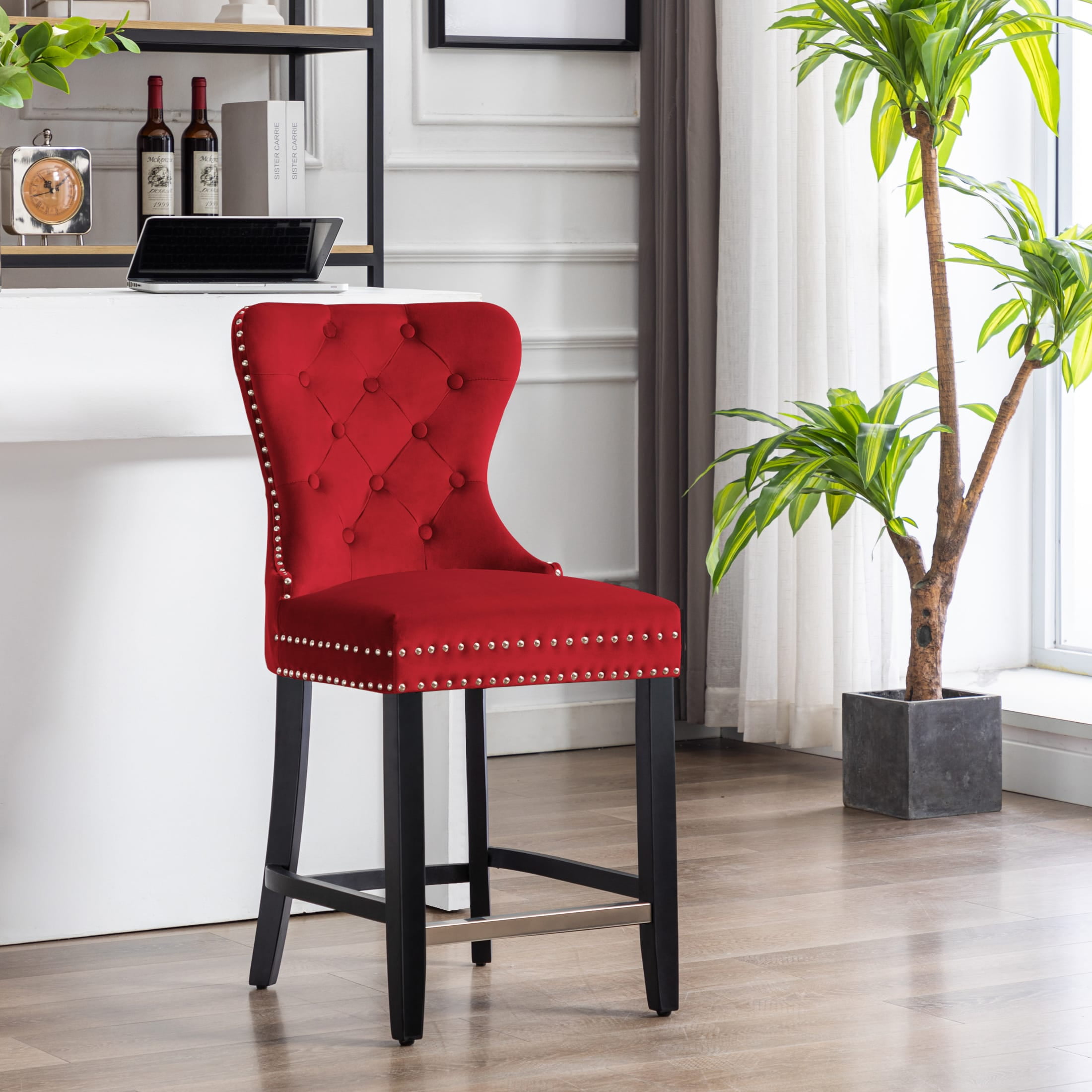 Costaelm Hank 24" Tufted Velvet Counter Stool Black Legs, Velvet Red ...