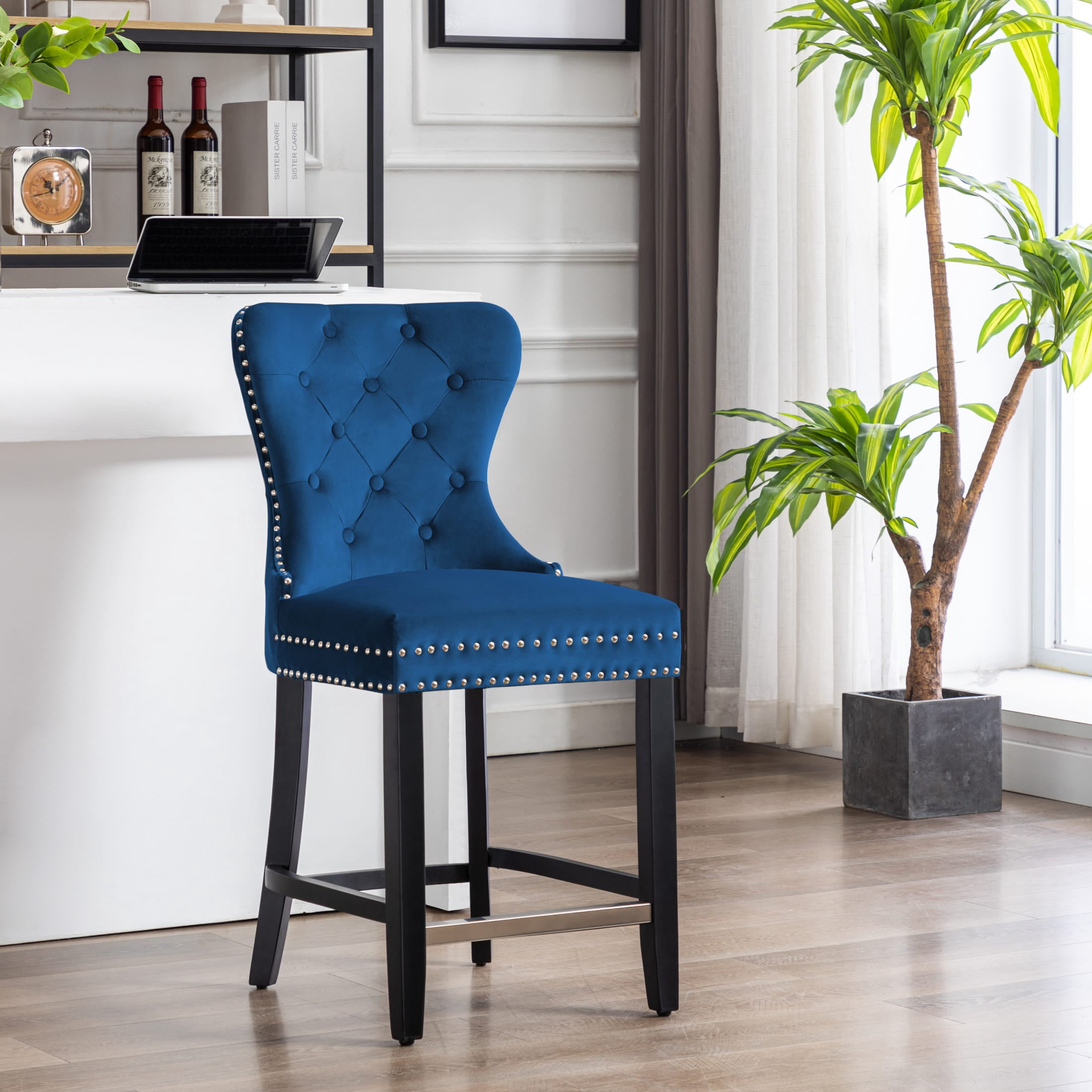 Costaelm Hank 24" Tufted Velvet Counter Stool Black Legs, Velvet Royal ...