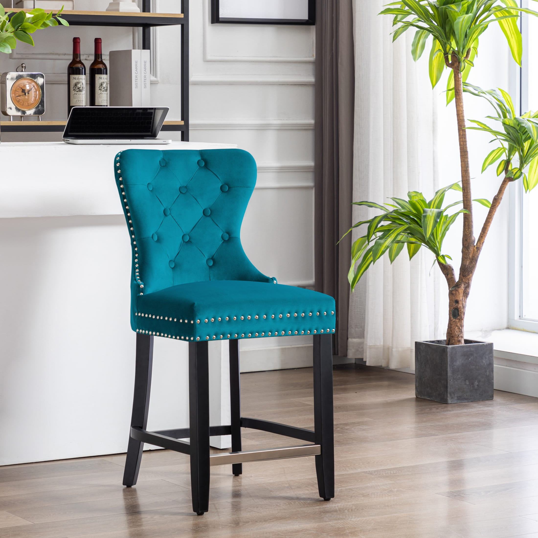 Costaelm Hank 24" Tufted Velvet Counter Stool Black Legs, Velvet Teal ...