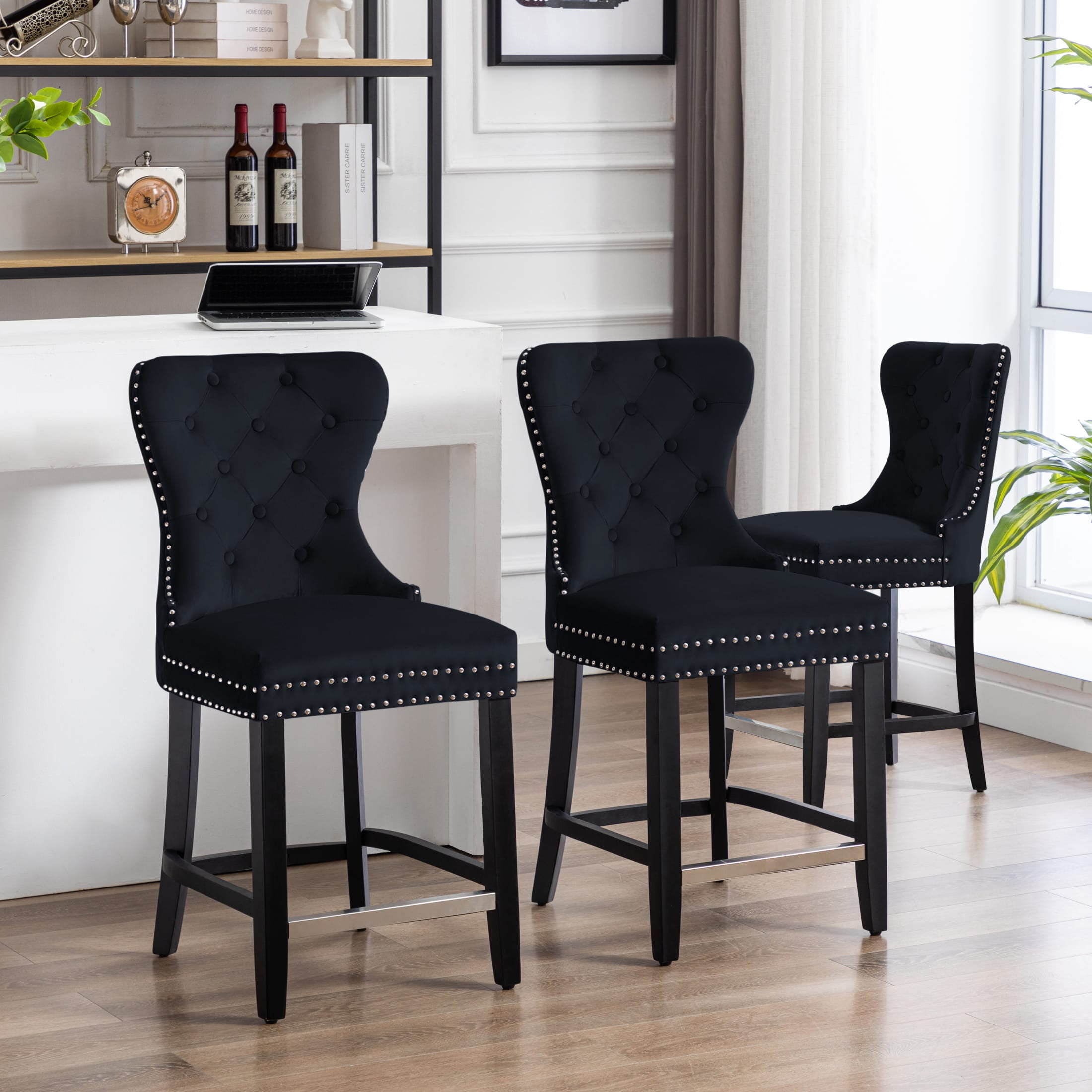 Costaelm Hank 24" Tufted Velvet Counter Stool Black (Set of 3), Velvet ...