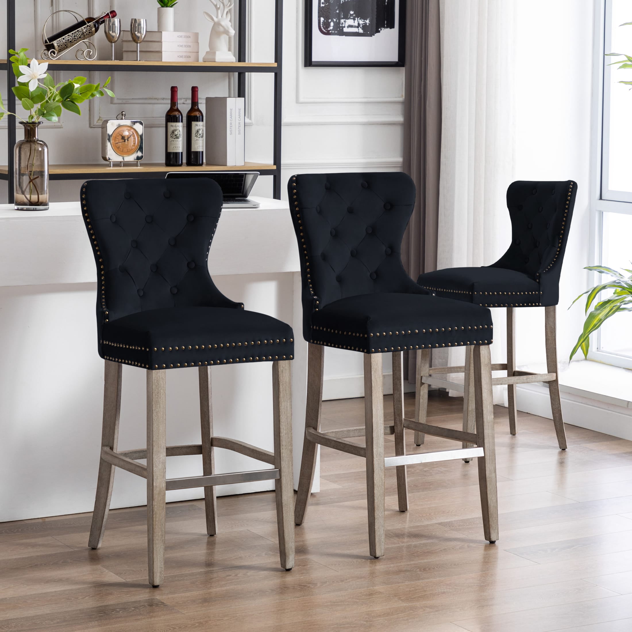 Costaelm Hank 29" Tufted Velvet Bar Stool Antique Gray (Set of 3 ...