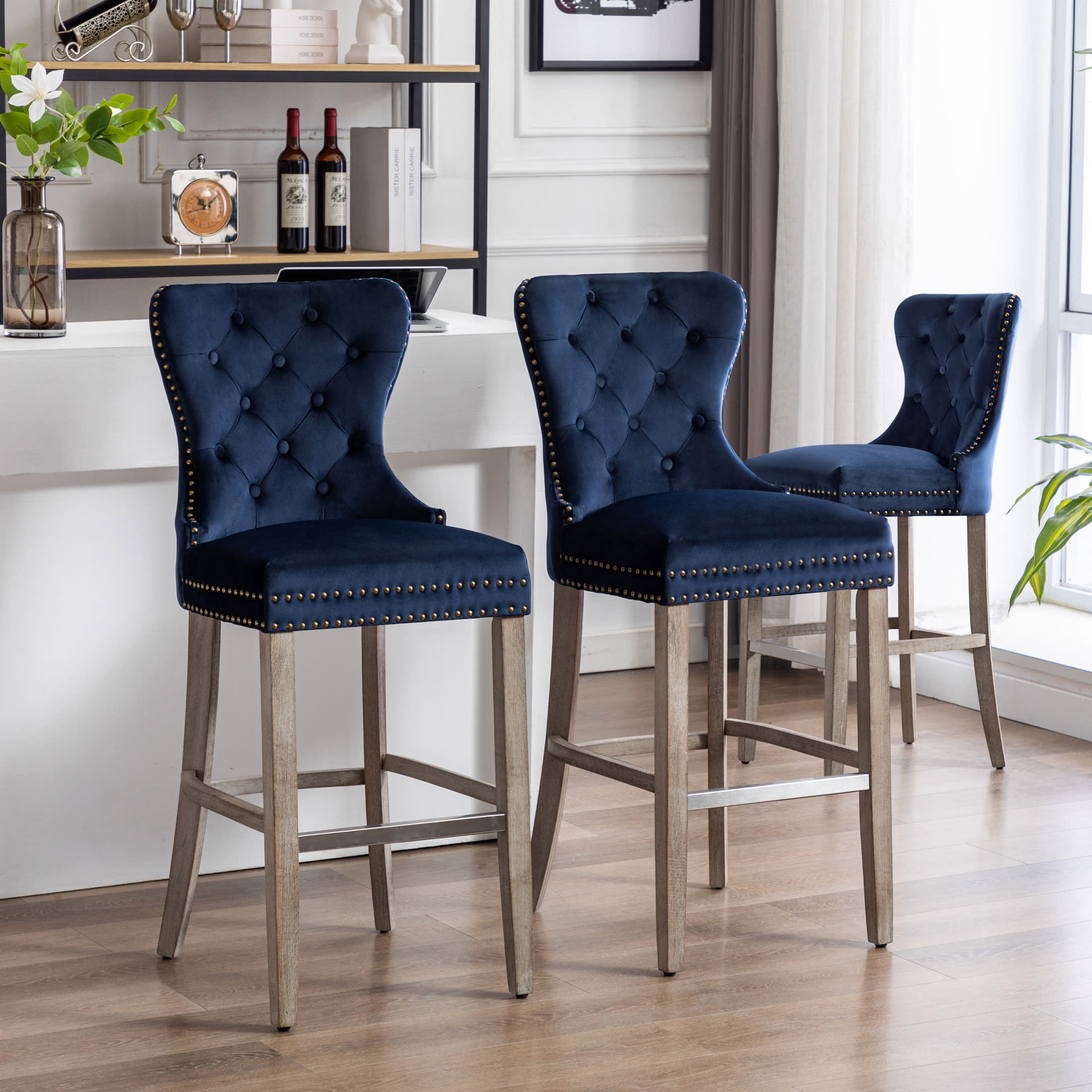 Costaelm Hank 29" Tufted Velvet Bar Stool Antique Gray (Set of 3 ...