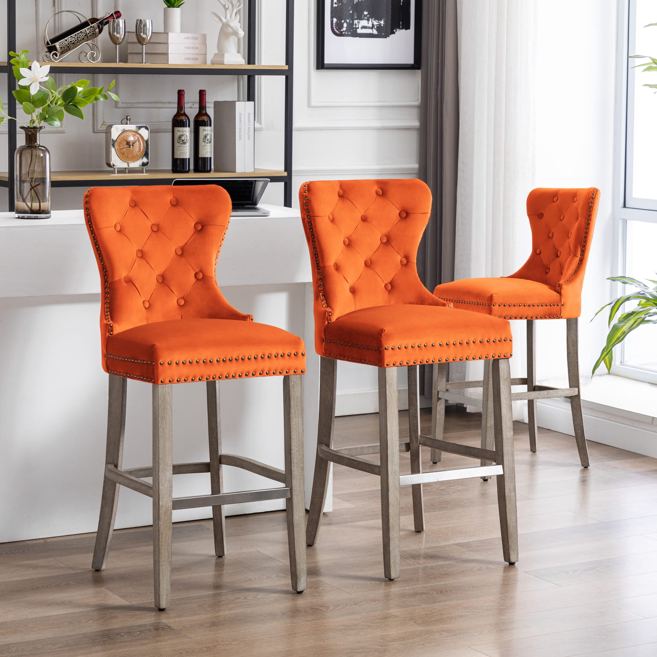 Costaelm Hank 29" Tufted Velvet Bar Stool Antique Gray (Set of 3 ...