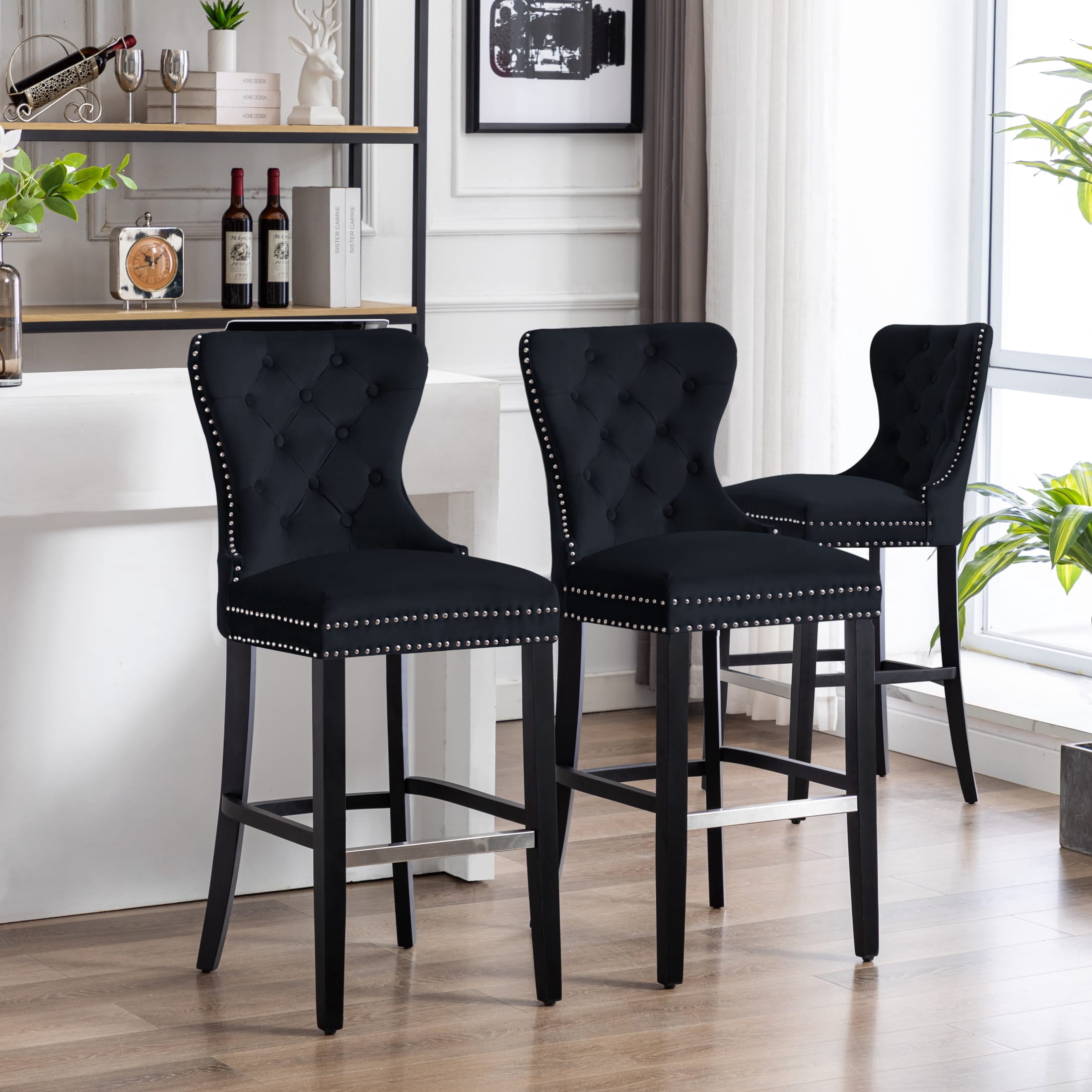 Costaelm Hank 29" Tufted Velvet Bar Stool Black (Set of 3), Velvet ...