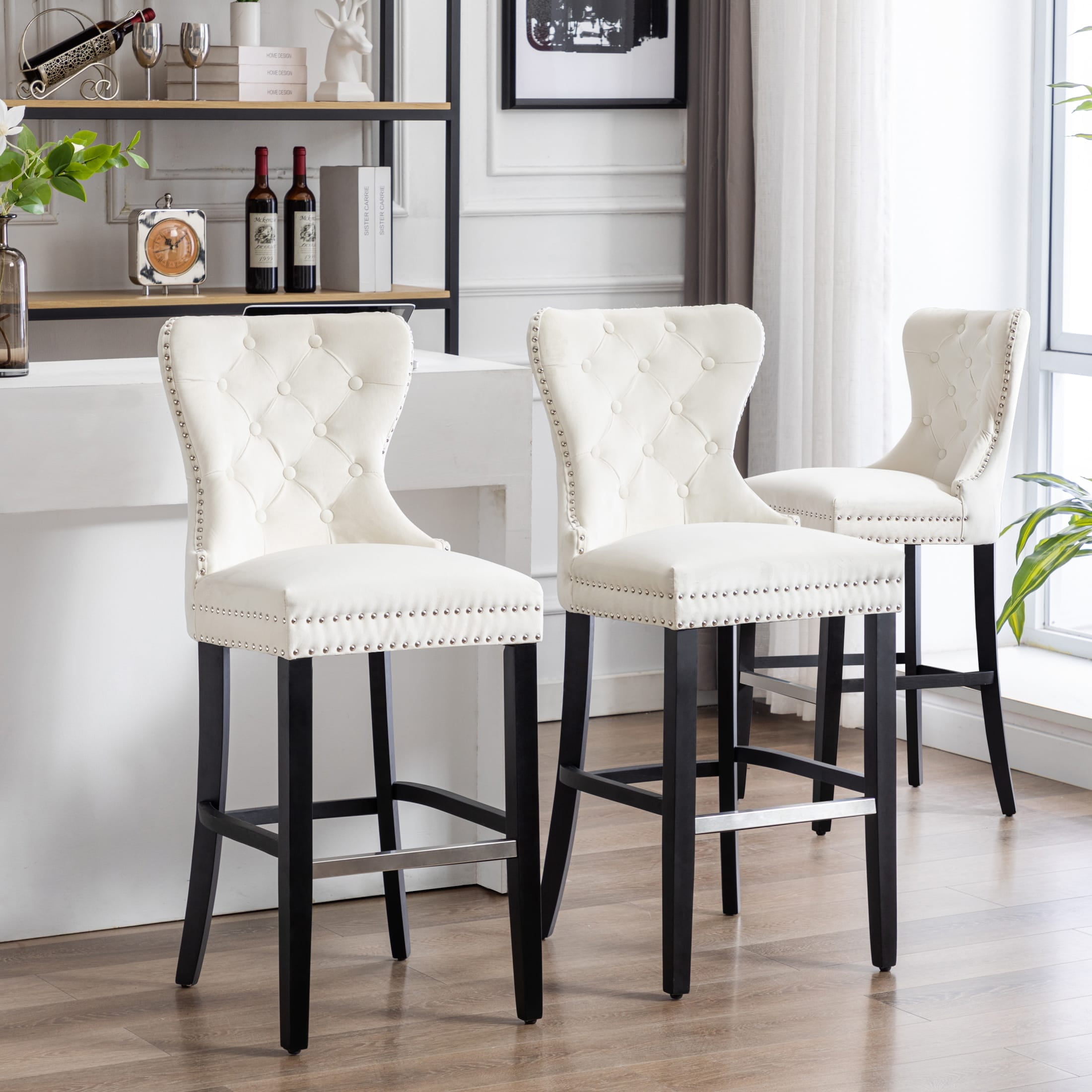 Costaelm Hank 29" Tufted Velvet Bar Stool Black (Set of 3), Velvet ...