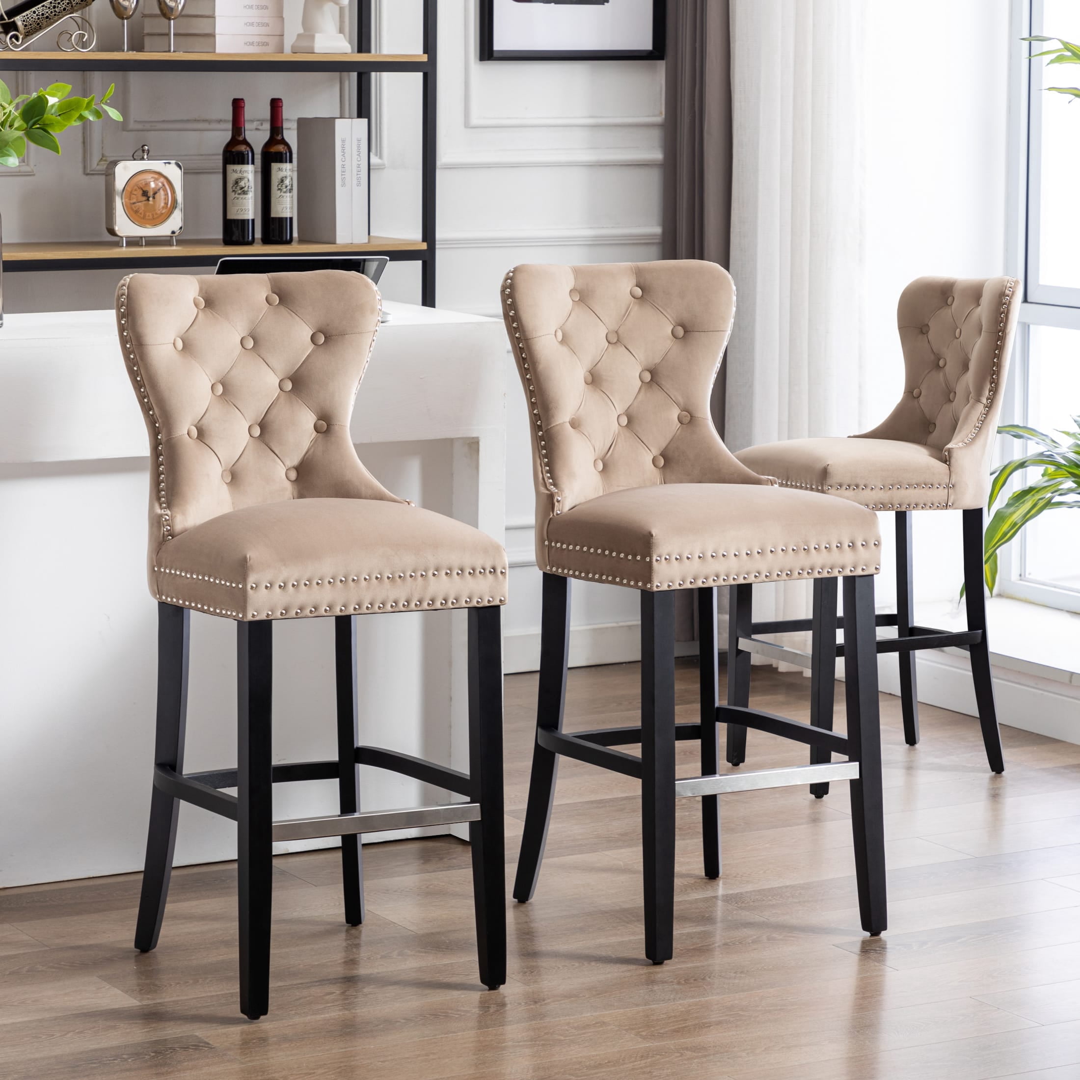Costaelm Hank 29" Tufted Velvet Bar Stool Black (Set of 3), Velvet ...