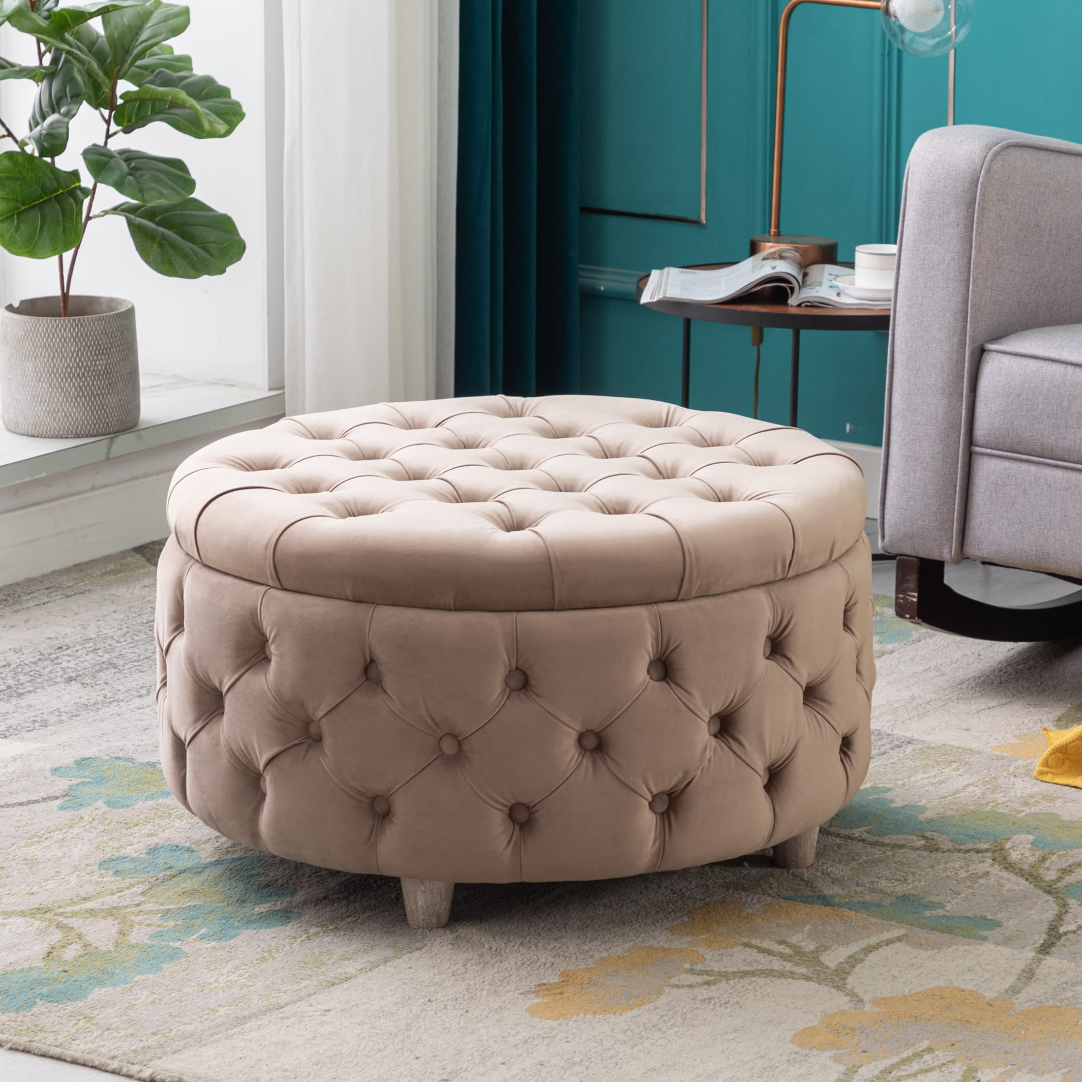 Costaelm Round Velvet Tufted Storage Ottoman, Taupe, 29.5" - Walmart.com