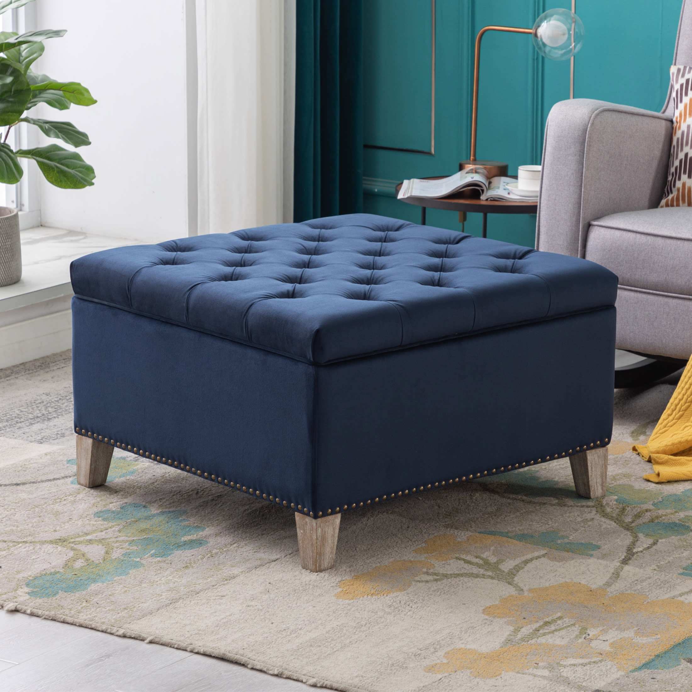 Costaelm Blue Upholstered Square 29.5" Velvet Tufted Storage Ottoman ...