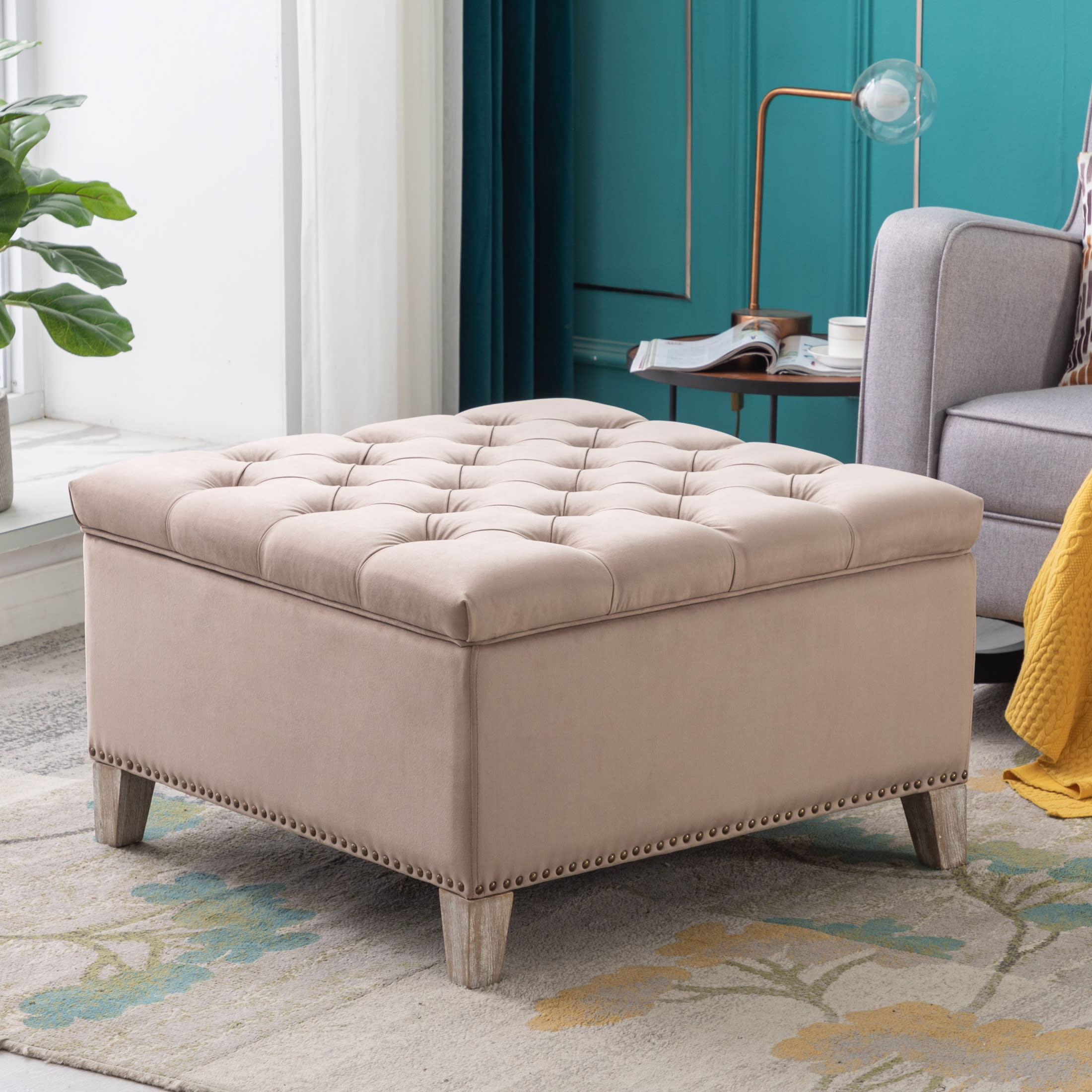 Costaelm Hank Square 29.5" Velvet Tufted Storage Ottoman, Taupe ...