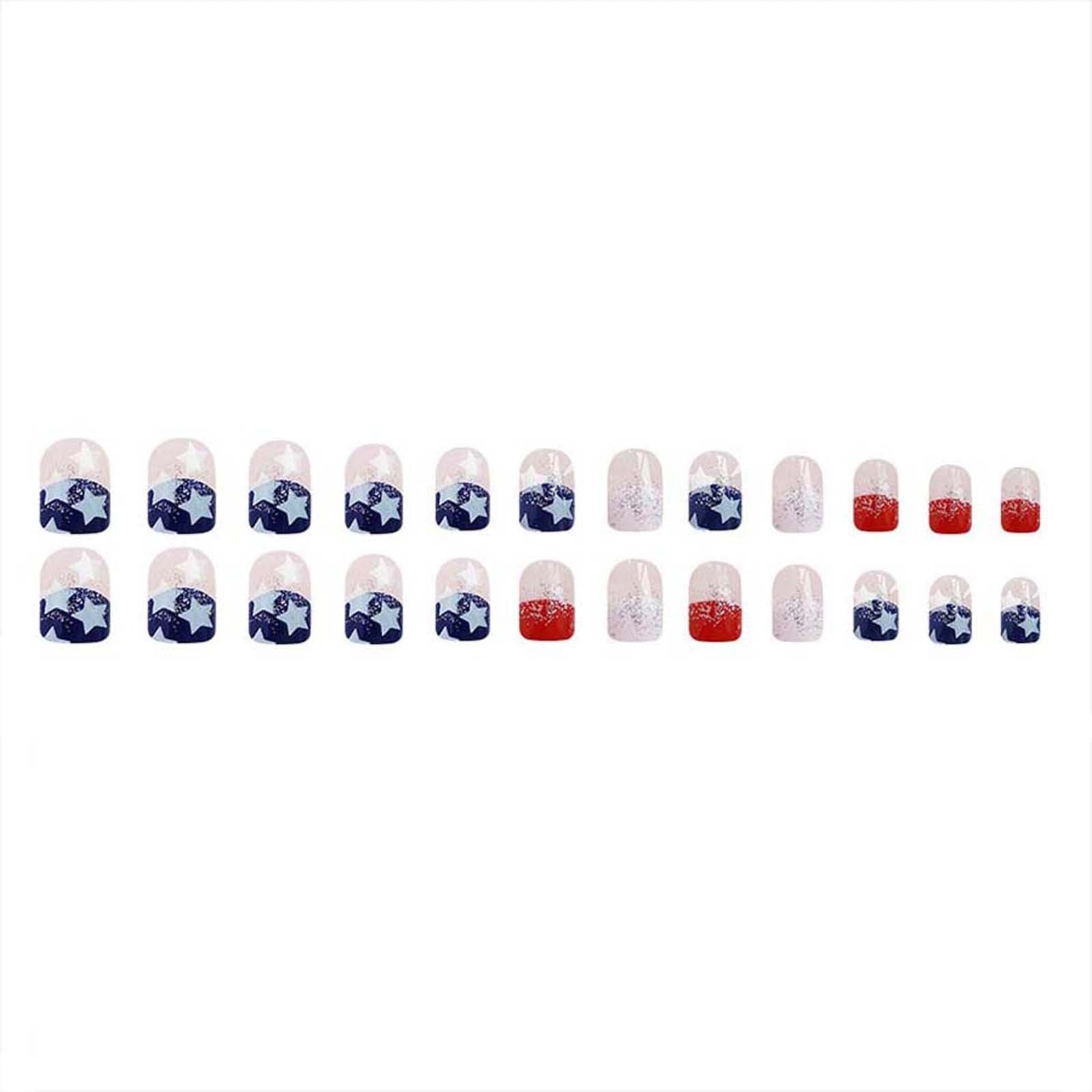 Costeam 24 Packs Short Shiny Blue Red Shimmer Independence Day Press On ...