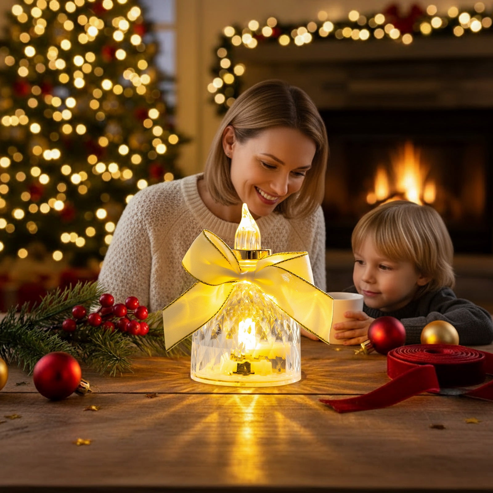 Costeam Christmas Flameless LED Lights with Bow Crystal Candle Light ...