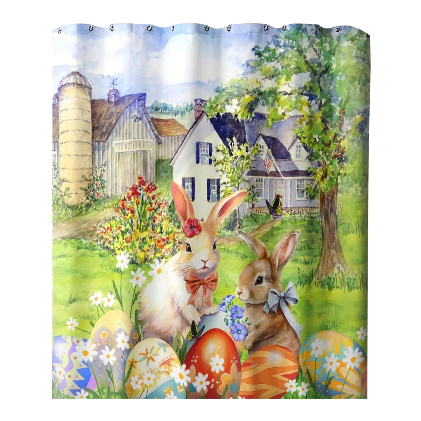 Costeam Easter Floral Print Fabric Shower Curtain No Drill Installation ...