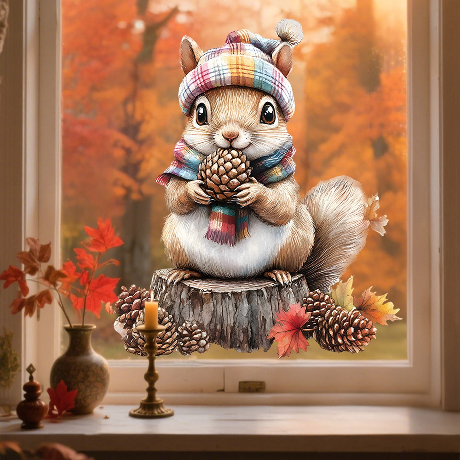 Costeam Fall Window Stickers Cute Squirrel Pine Cones Designs Double ...